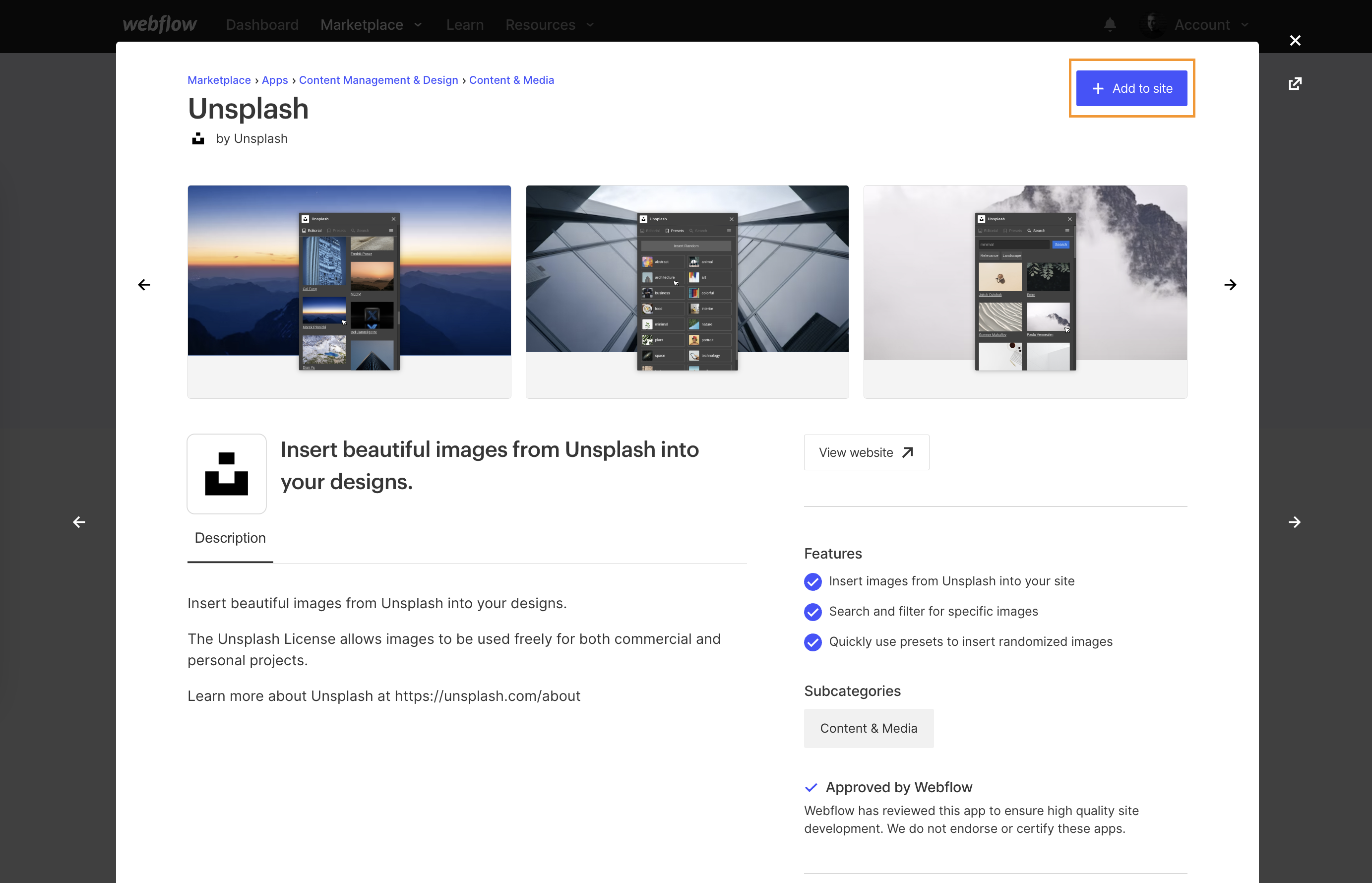 Webflow Apps Unsplash - La banque d'image dans Webflow