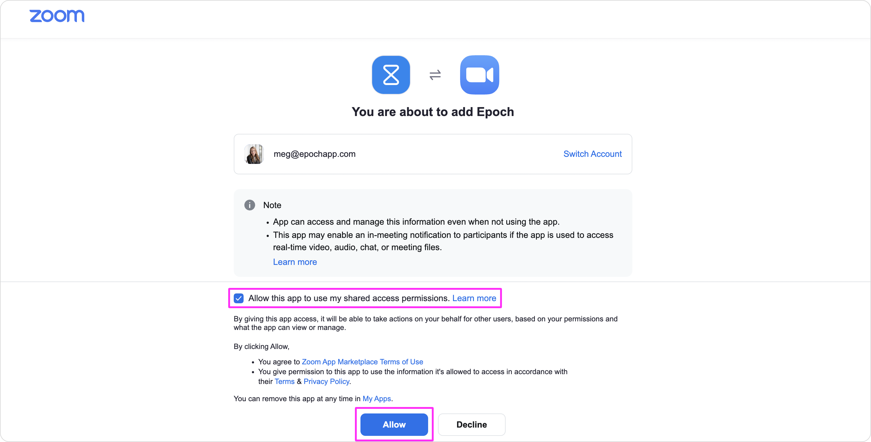 Zoom integration guide | Epoch Help Center