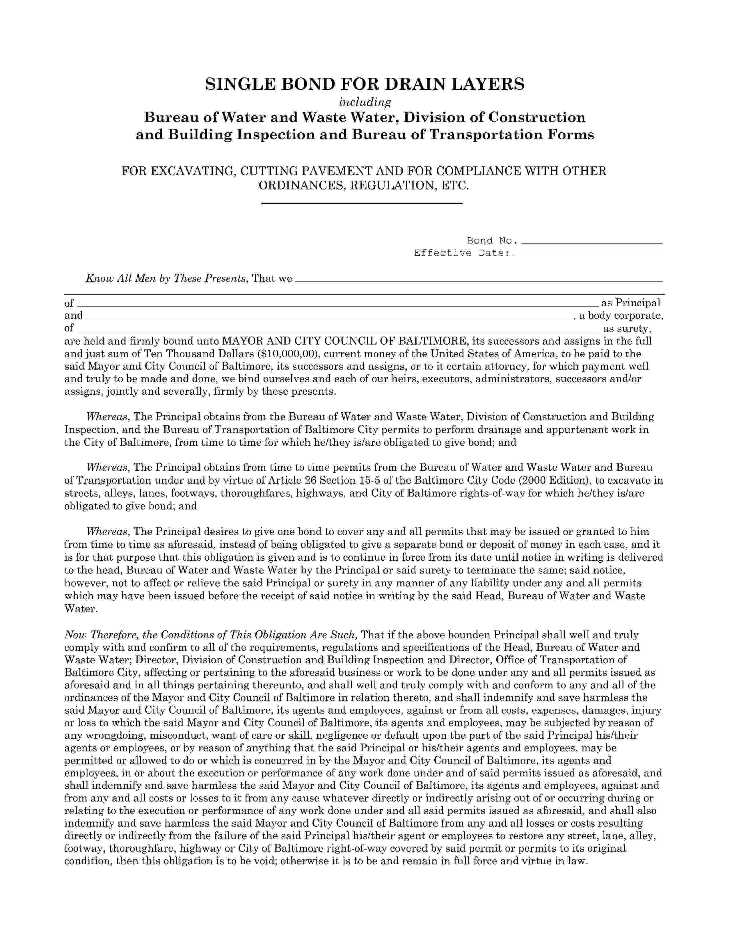 Mayor and City Council of Baltimore Baltimore - City Drain Layers Bond ...