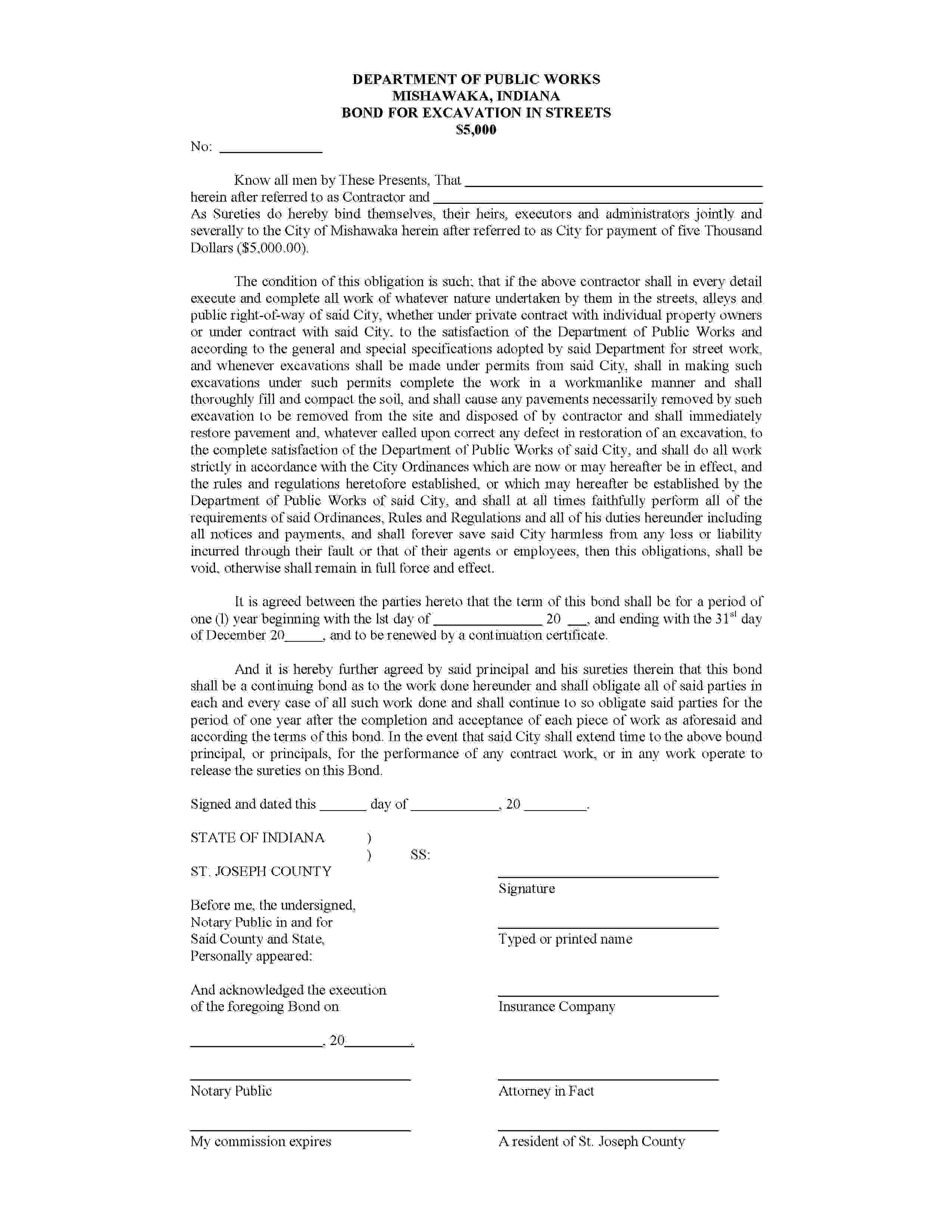 City of Mishawaka Excavation in Streets Bond | EZ Surety Bonds