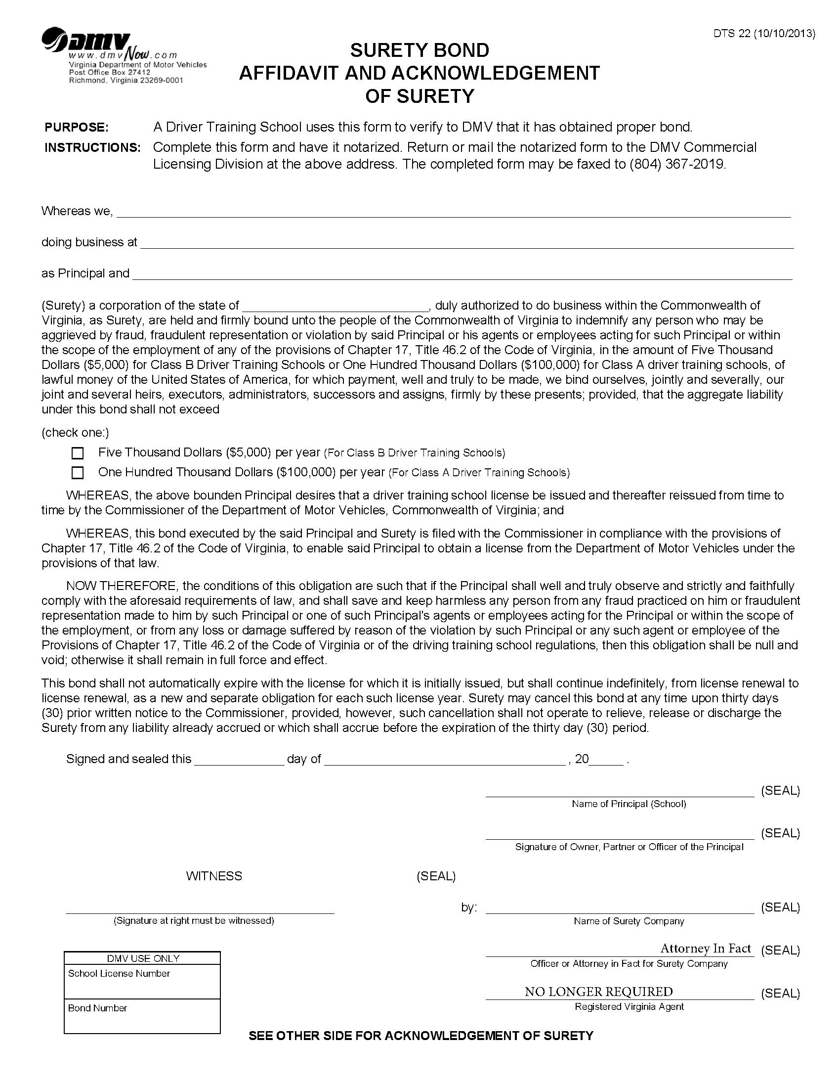 Commonwealth of Virginia Class B Driver Training School Bond | EZ ...