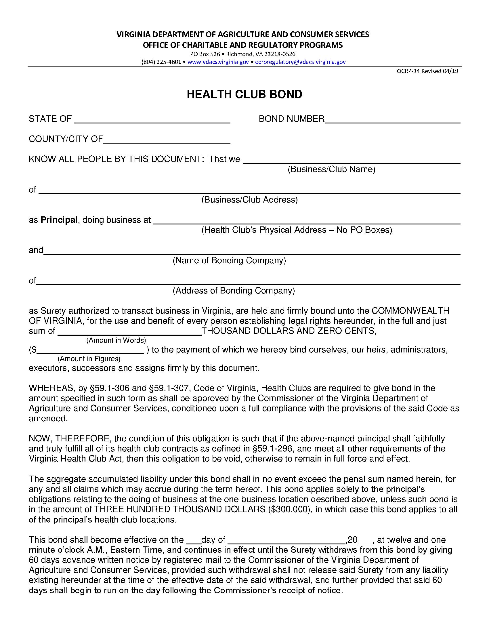 Commonwealth of Virginia Health Club Bond | EZ Surety Bonds