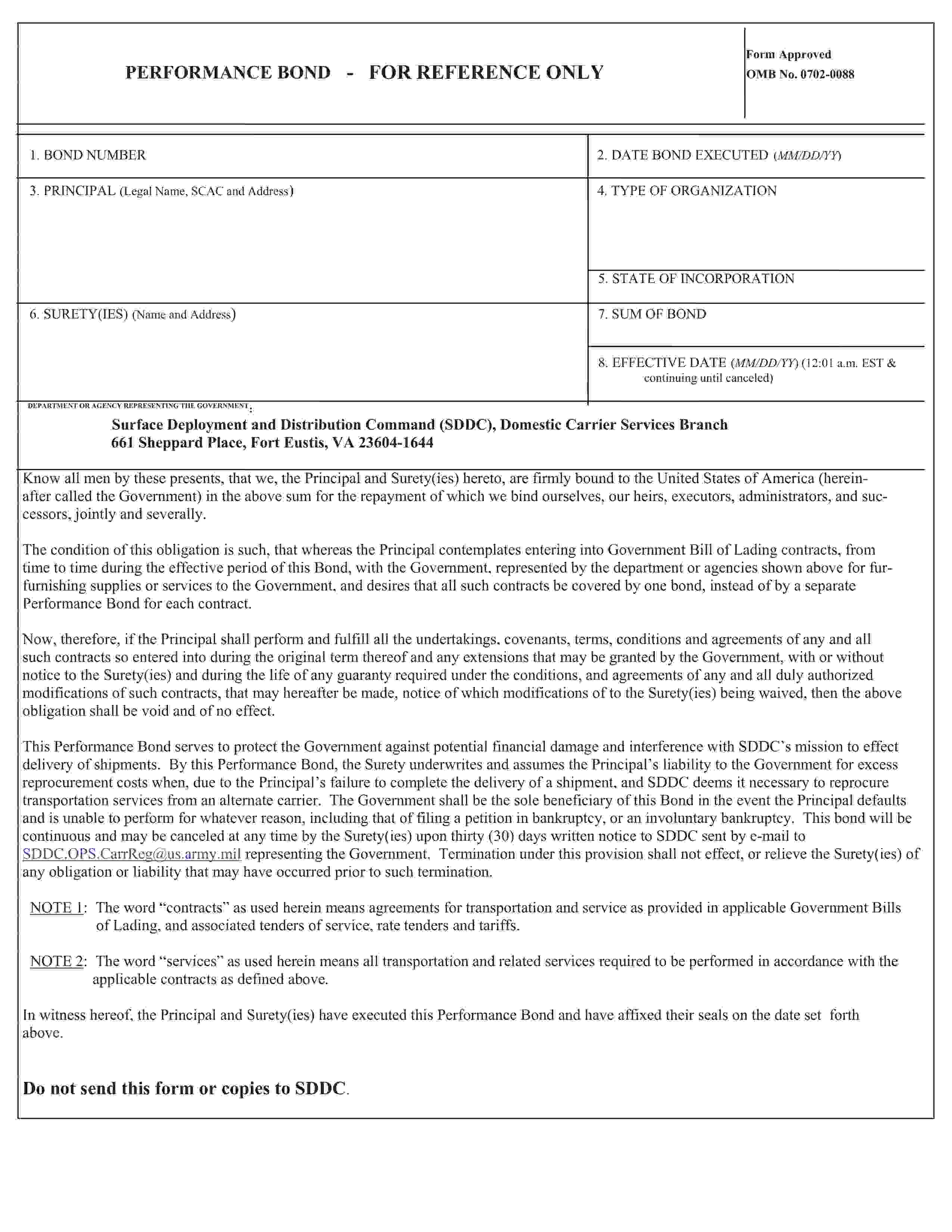 Department of the Army SDDC Freight Carrier Performance Bond | EZ ...
