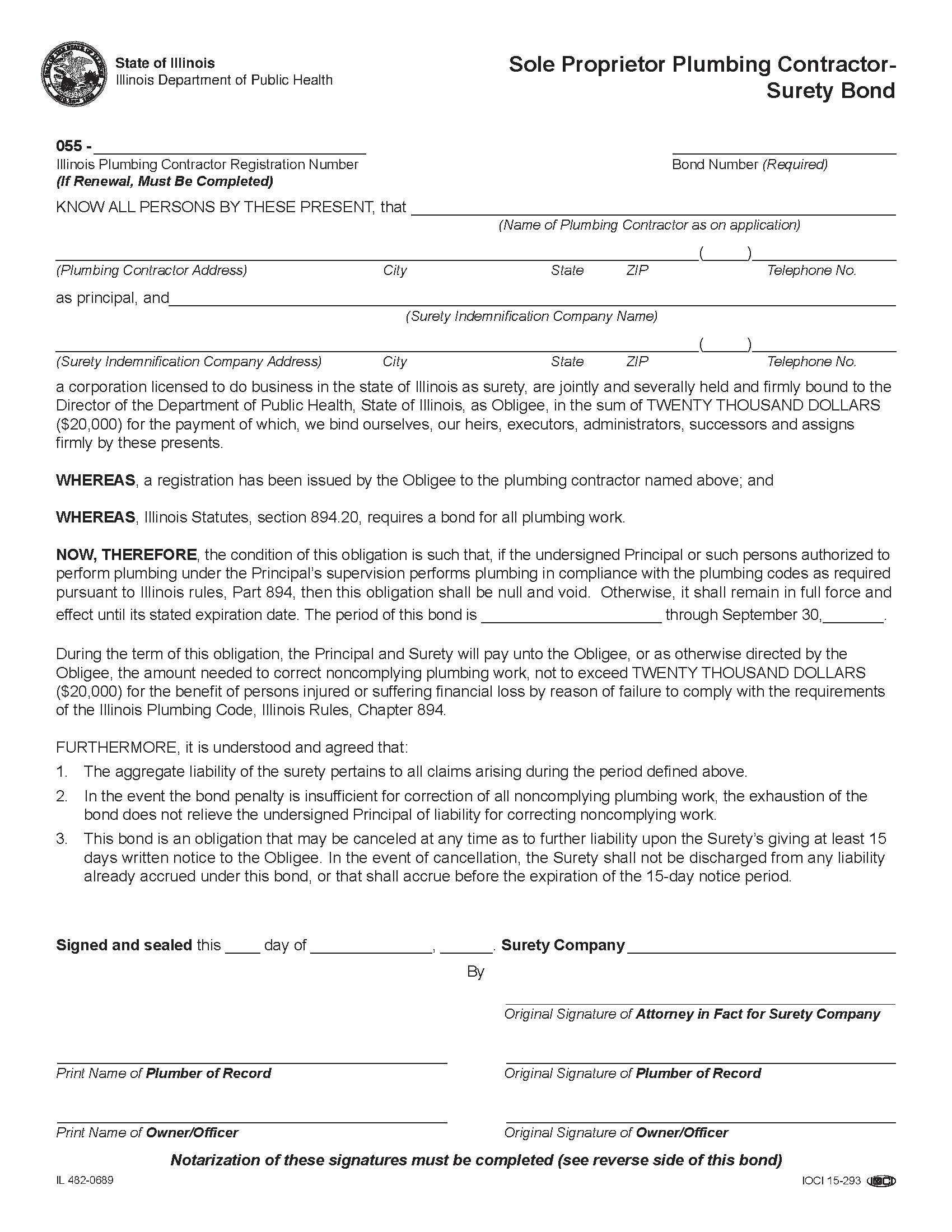 Director of Public Health, State of Illinois Plumbing Contractor - Sole Proprietor Bond | EZ ...