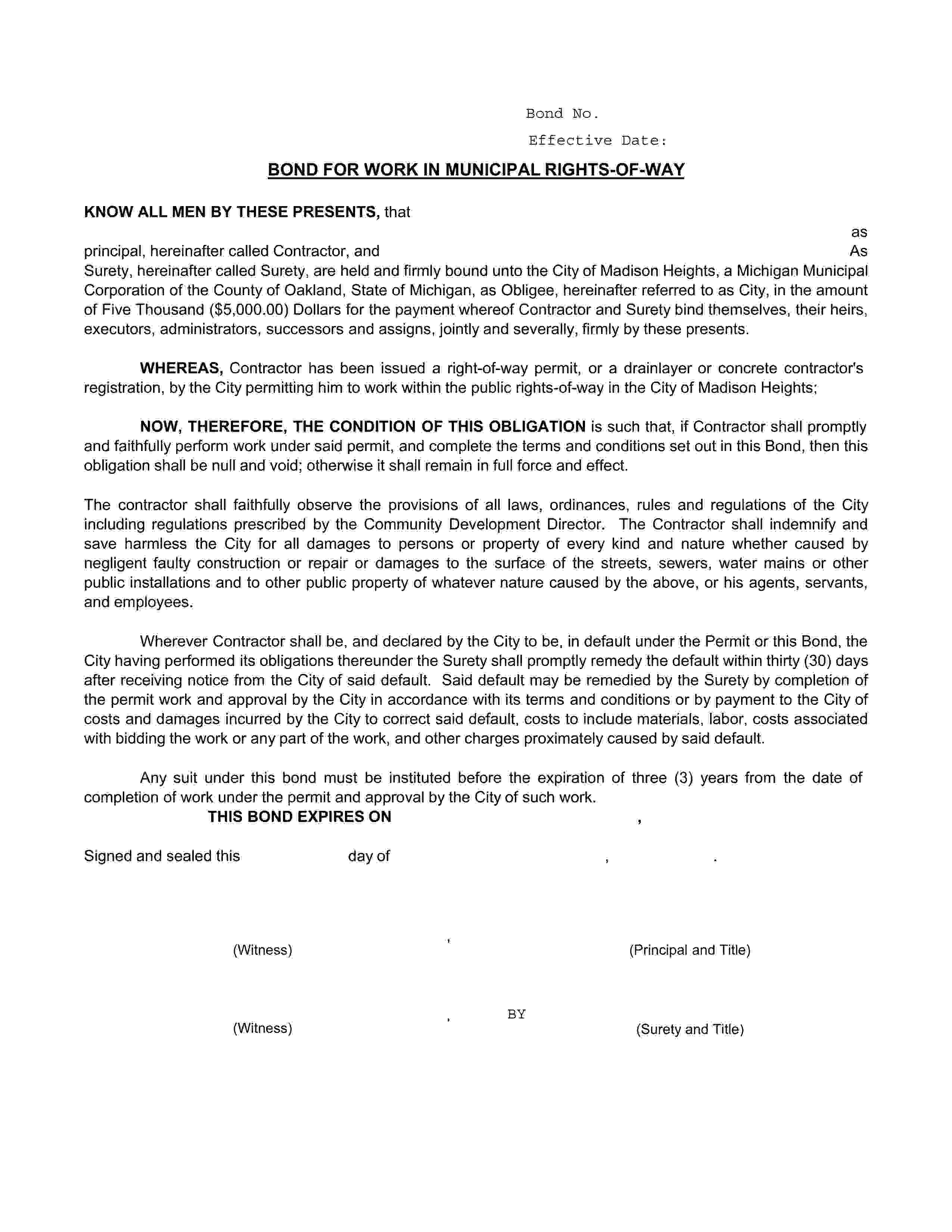 Madison Heights - City Work in Municipal Rights-of-Way Bond | EZ Surety ...