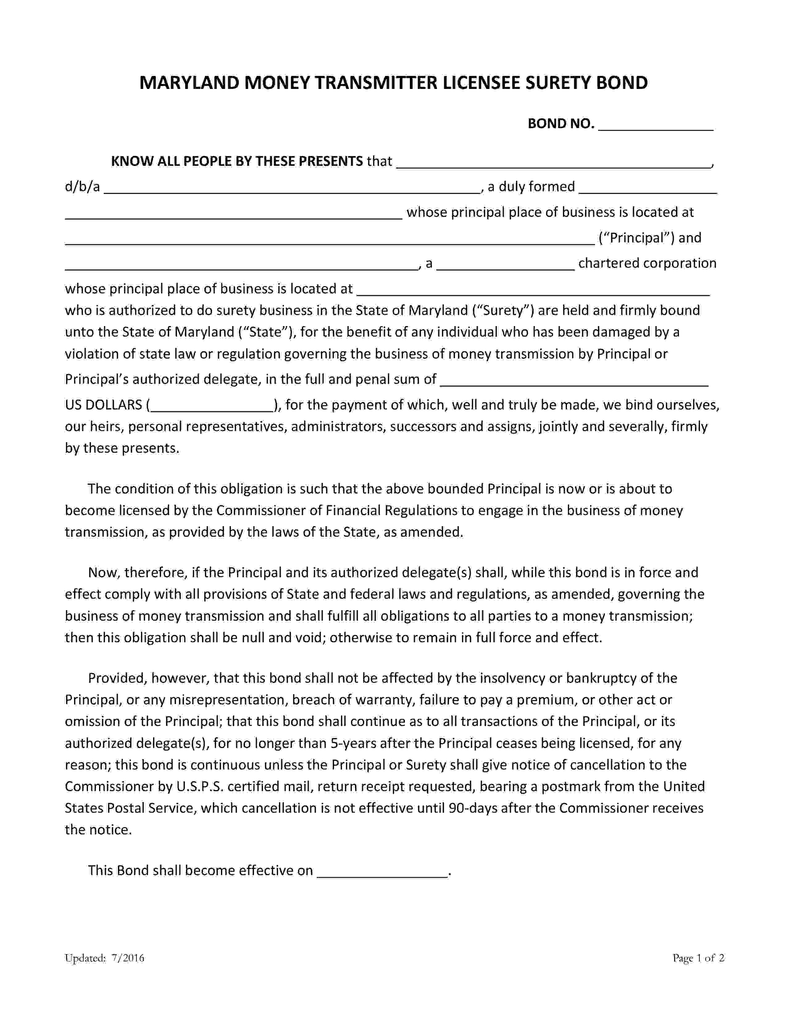 Maryland Dept of Licensing And Regulations Money Transmitter Bond | EZ ...