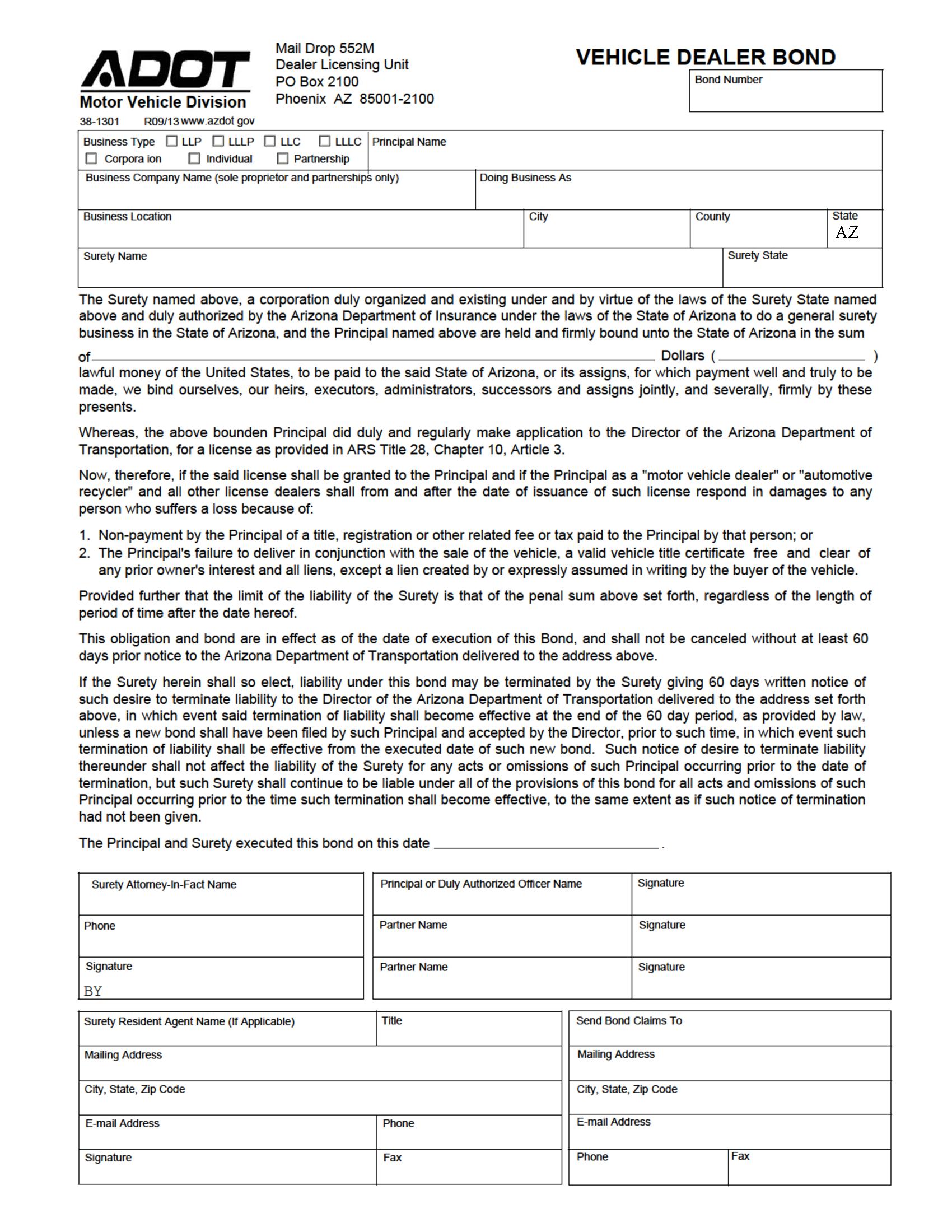 State of Arizona Motor Vehicle Dealer / Automotive Recycler Bond | EZ ...