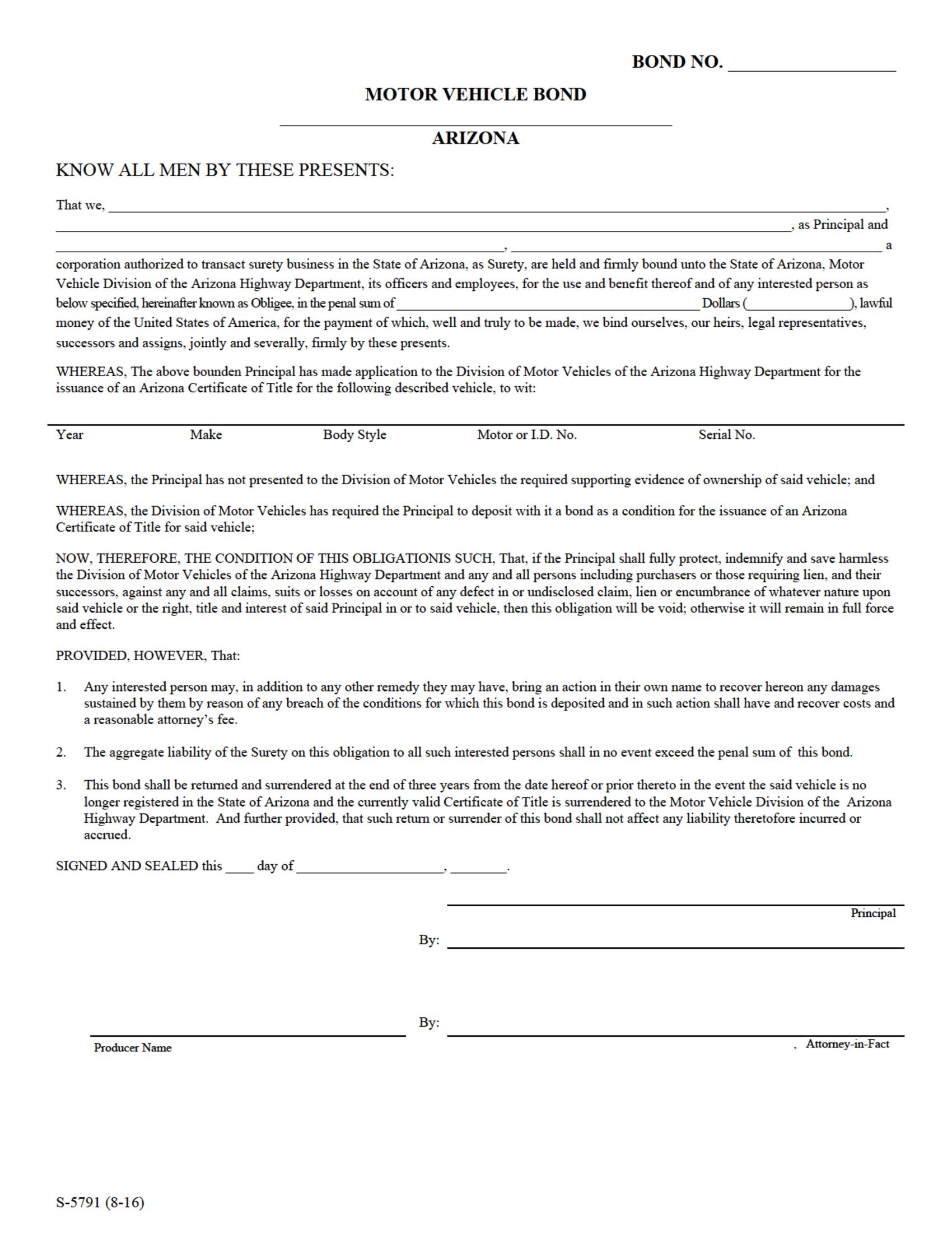 State of Arizona Title for Motor Vehicle Bond | EZ Surety Bonds
