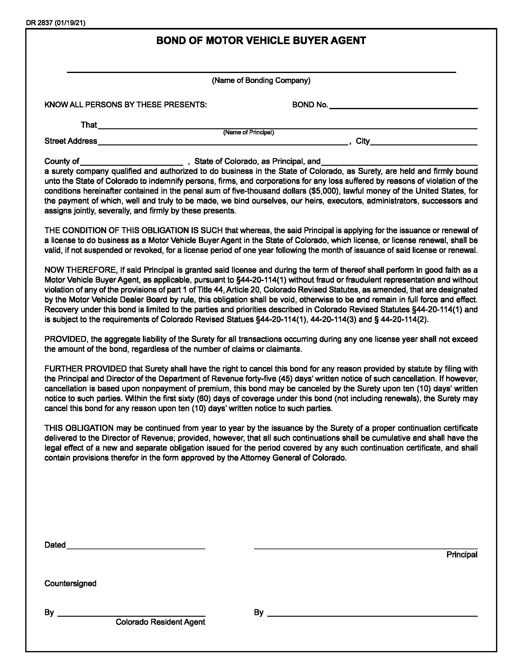 State of Colorado Motor Vehicle Buyer Agent Bond | EZ Surety Bonds