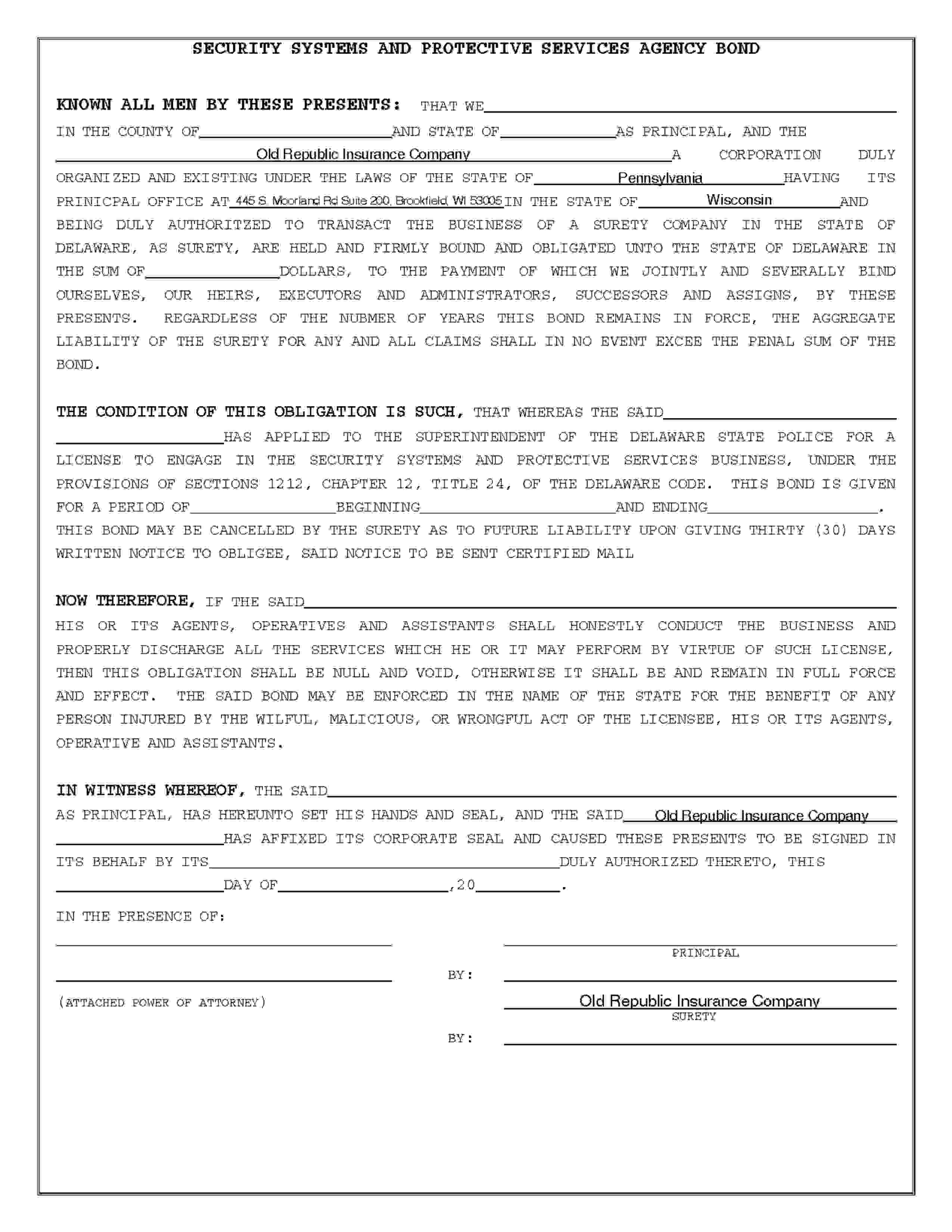 State of Delaware Security Systems and Protective Services Agency Bond ...