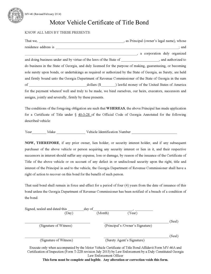 State of Georgia Motor Vehicle Certificate of Title Bond | EZ Surety Bonds