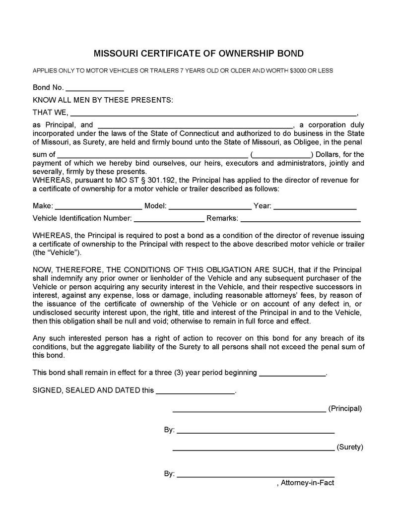 State of Missouri Motor Vehicle Certificate of Title Bond | EZ Surety Bonds