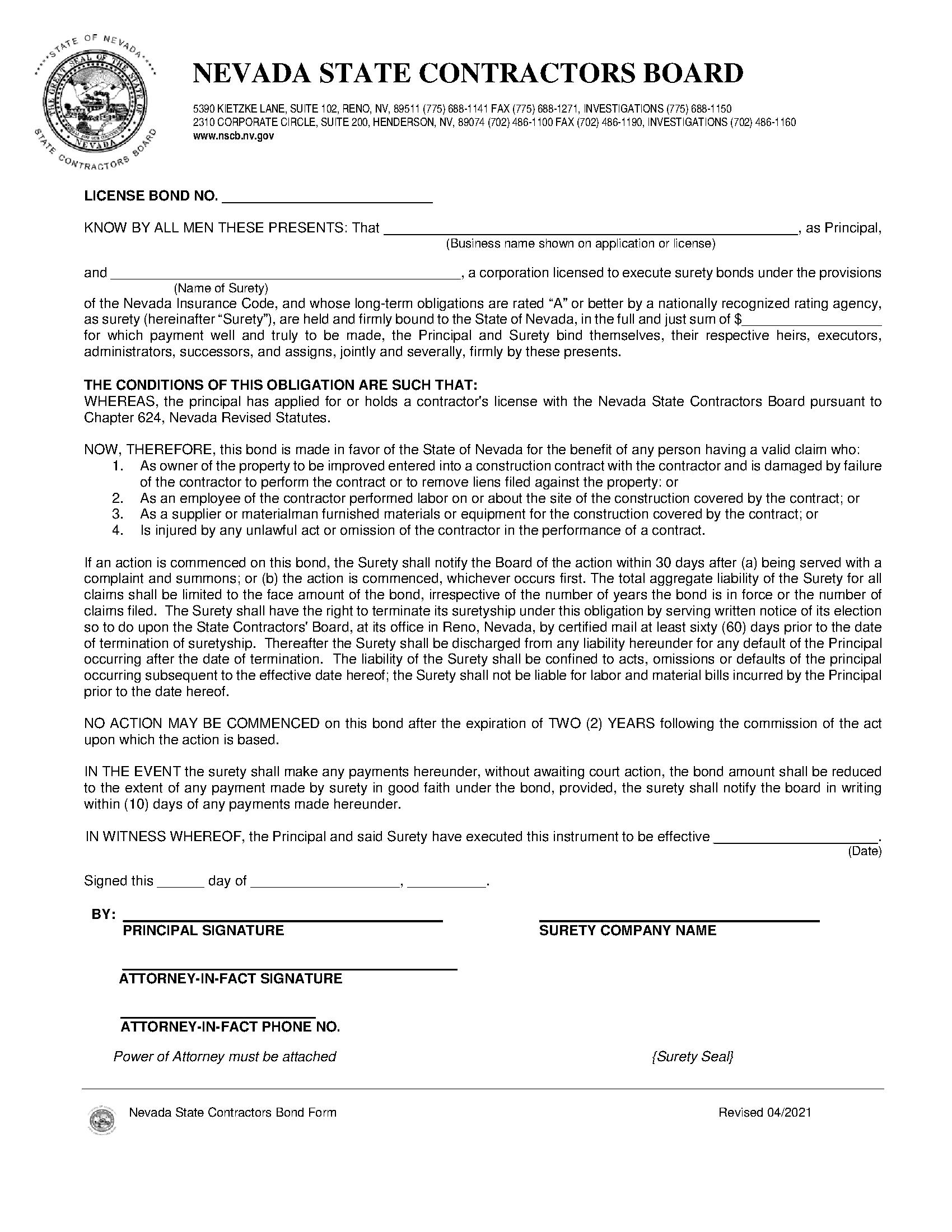 State of Nevada, State Contractors Board Contractors License Bond | EZ ...