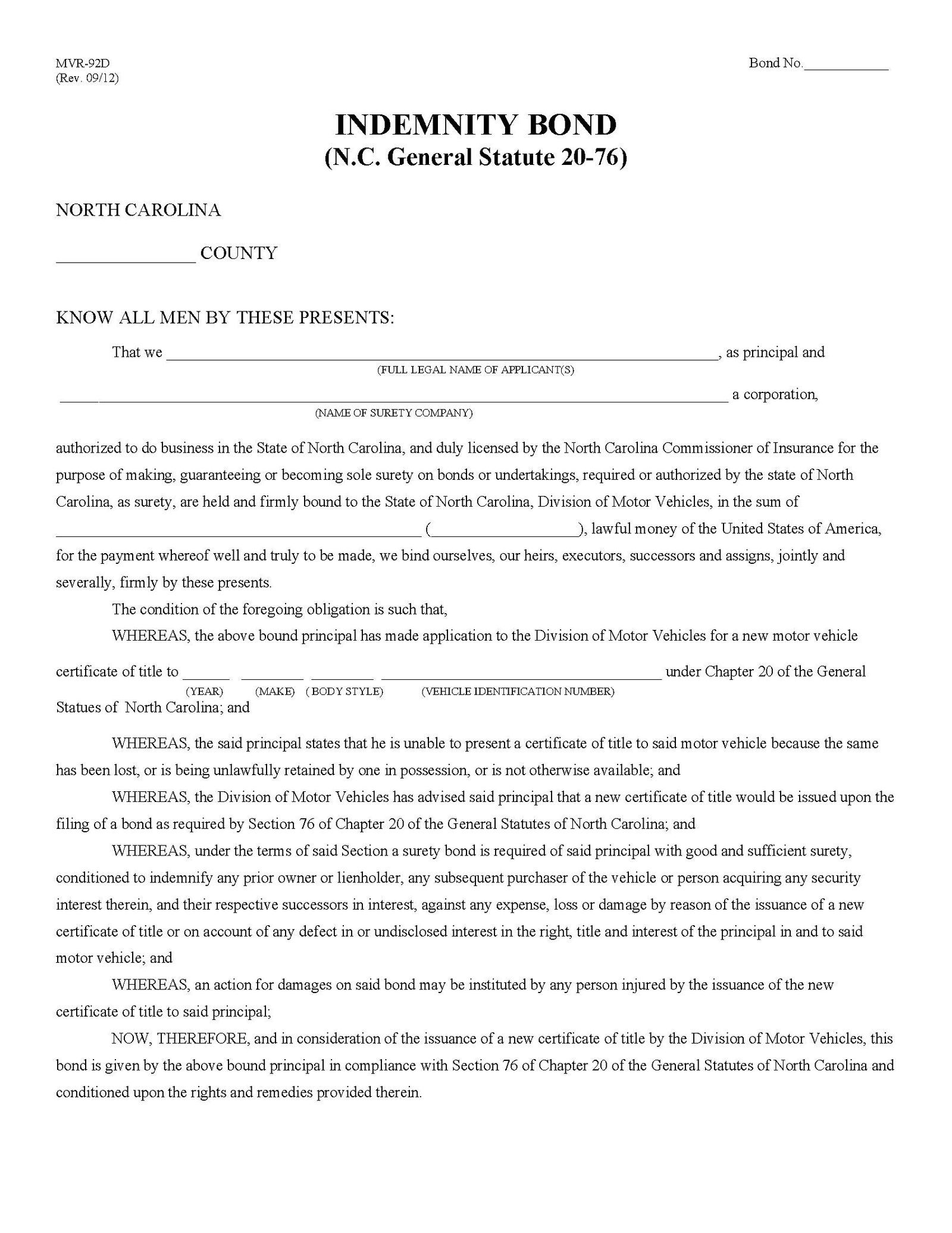 State of North Carolina Motor Vehicle Certificate of Title Indemnity ...
