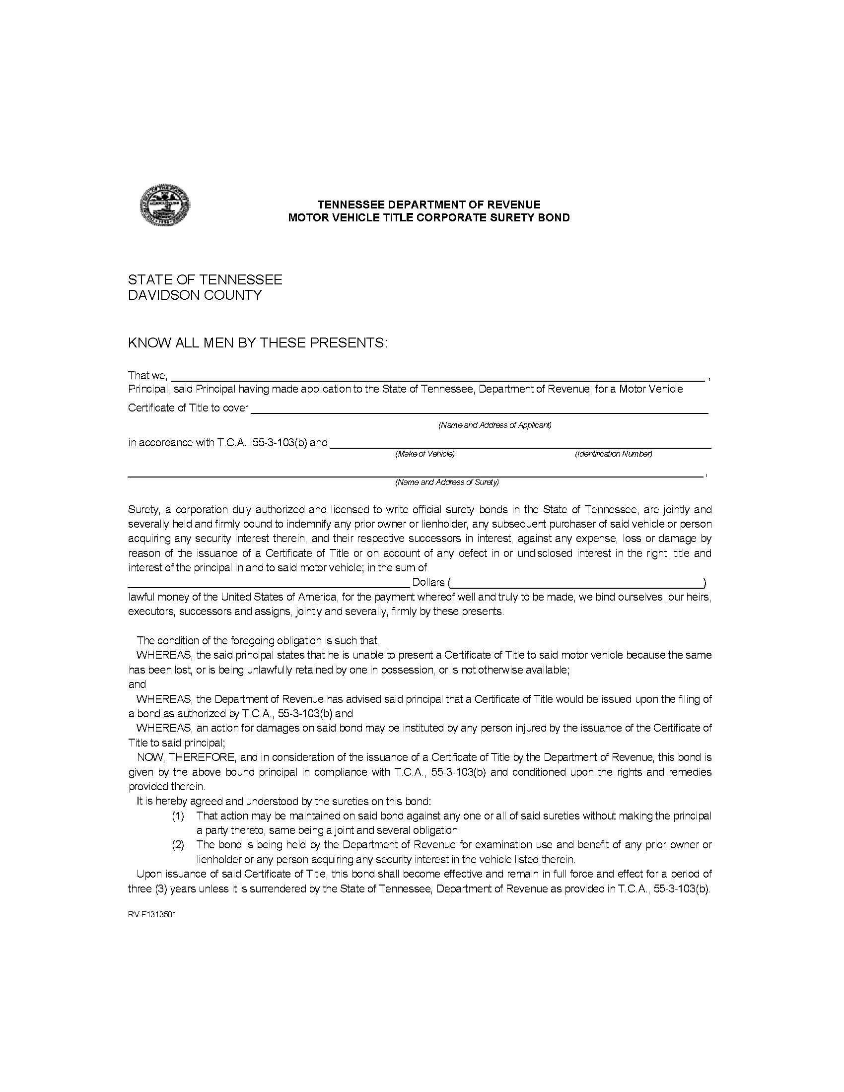 State of Tennessee Motor Vehicle Certificate of Title Bond | EZ Surety ...