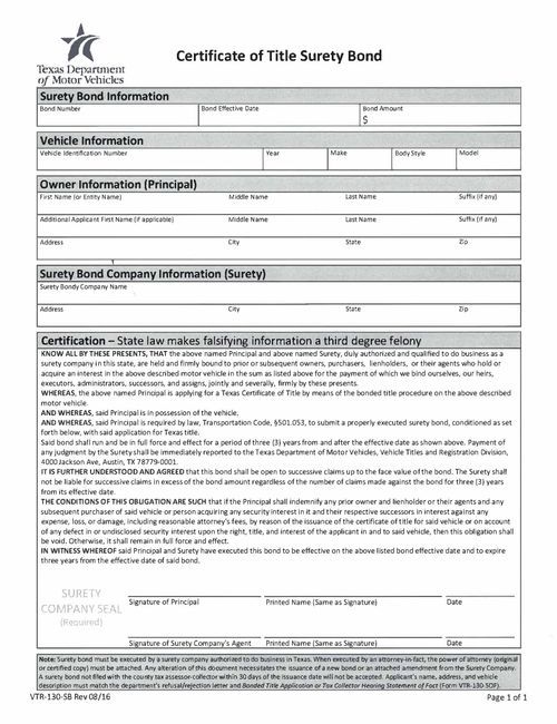 State of Texas Motor Vehicle Certificate of Title Bond | EZ Surety Bonds