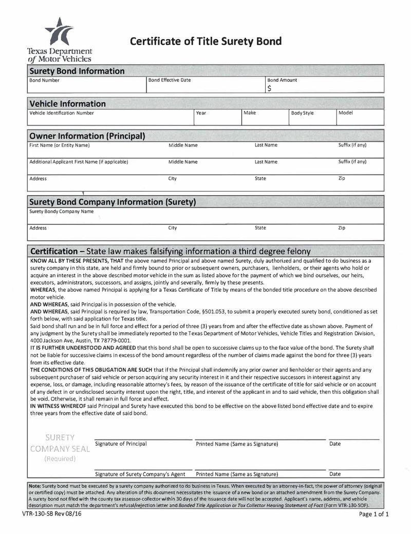 State of Texas Motor Vehicle Certificate of Title Bond | EZ Surety Bonds