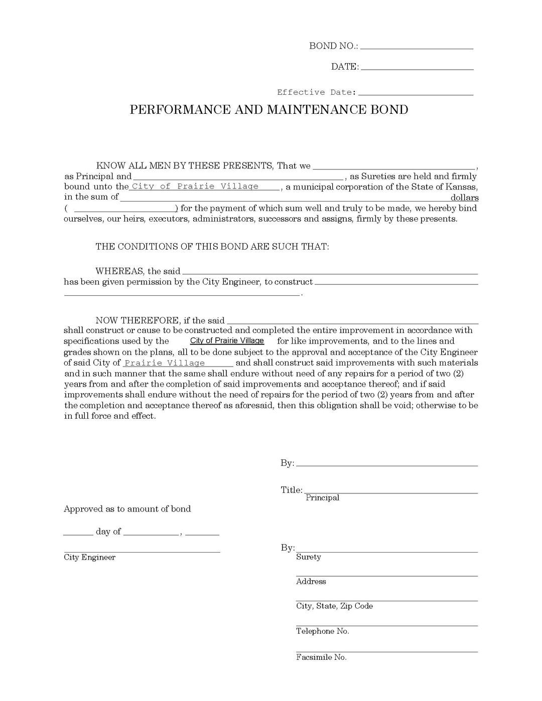 City of Prairie Village Performance and Maintenance Bond | EZ Surety Bonds
