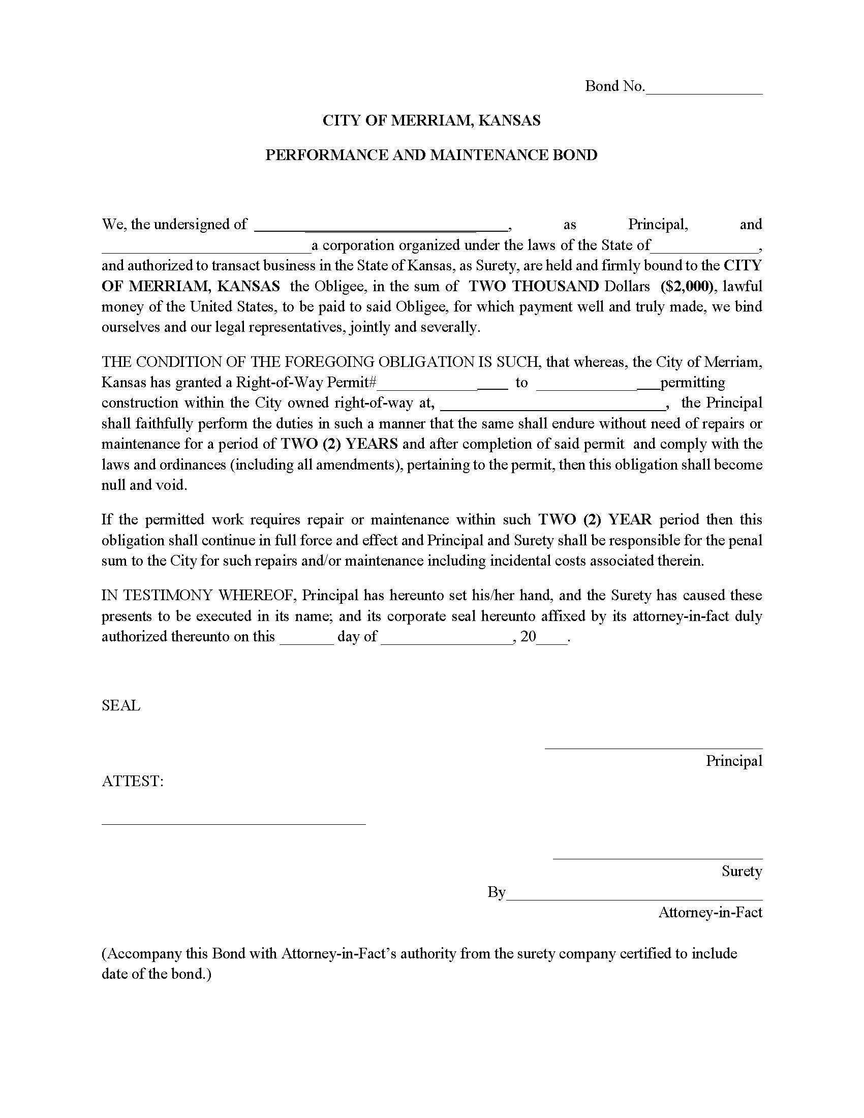 City of Merriam Performance and Maintenance Bond | EZ Surety Bonds