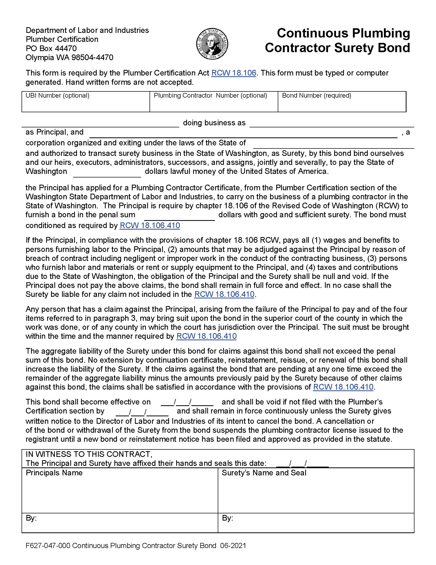 State of Washington Continuous Plumbing Contractor's License Bond | EZ Surety Bonds