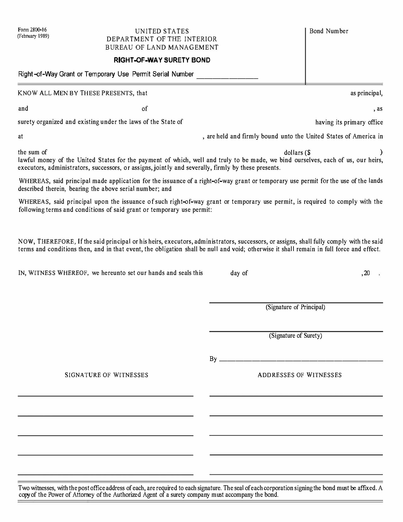 Bureau of Land Management Right of Way or Temporary Use Permit Bond ...