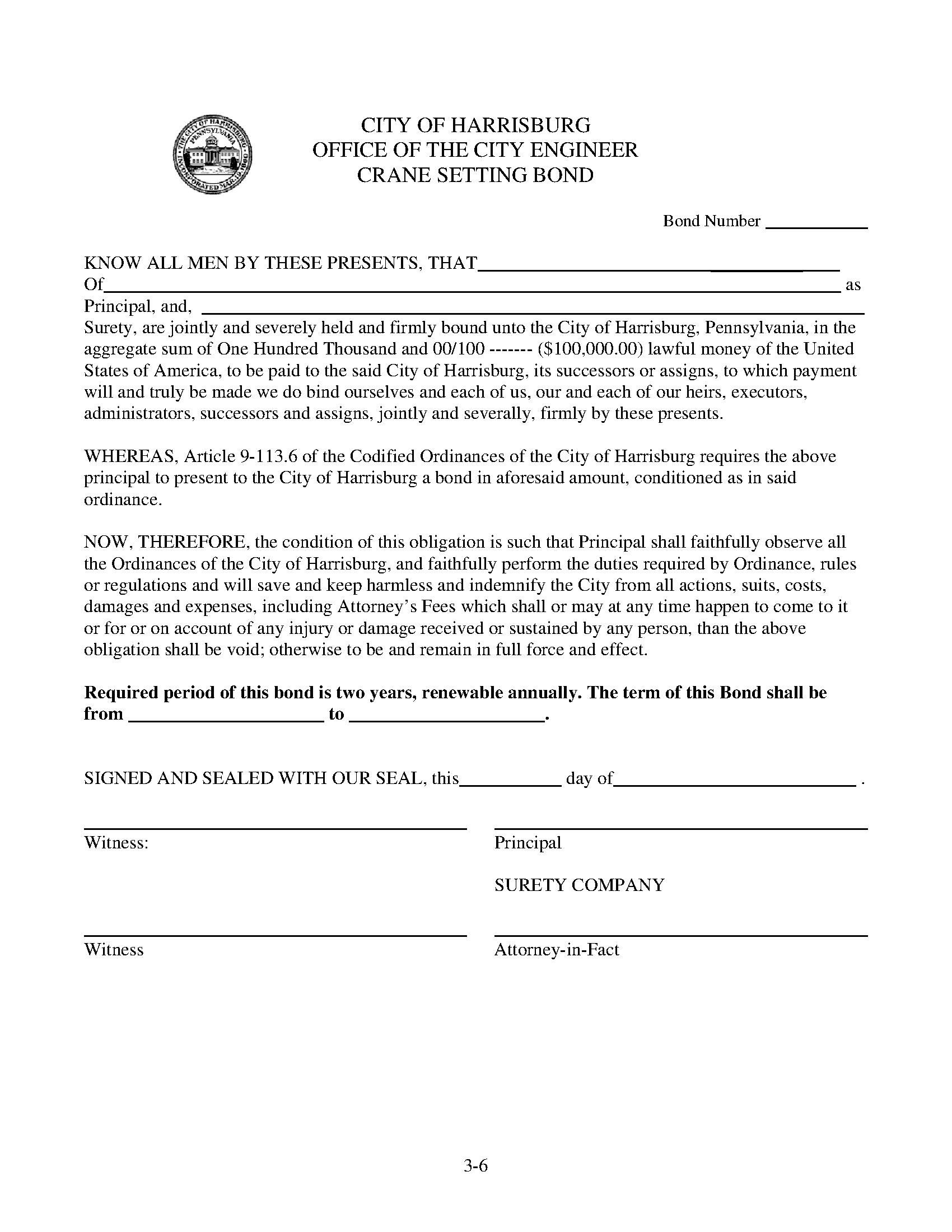 City of Harrisburg Crane Setting Bond | EZ Surety Bonds