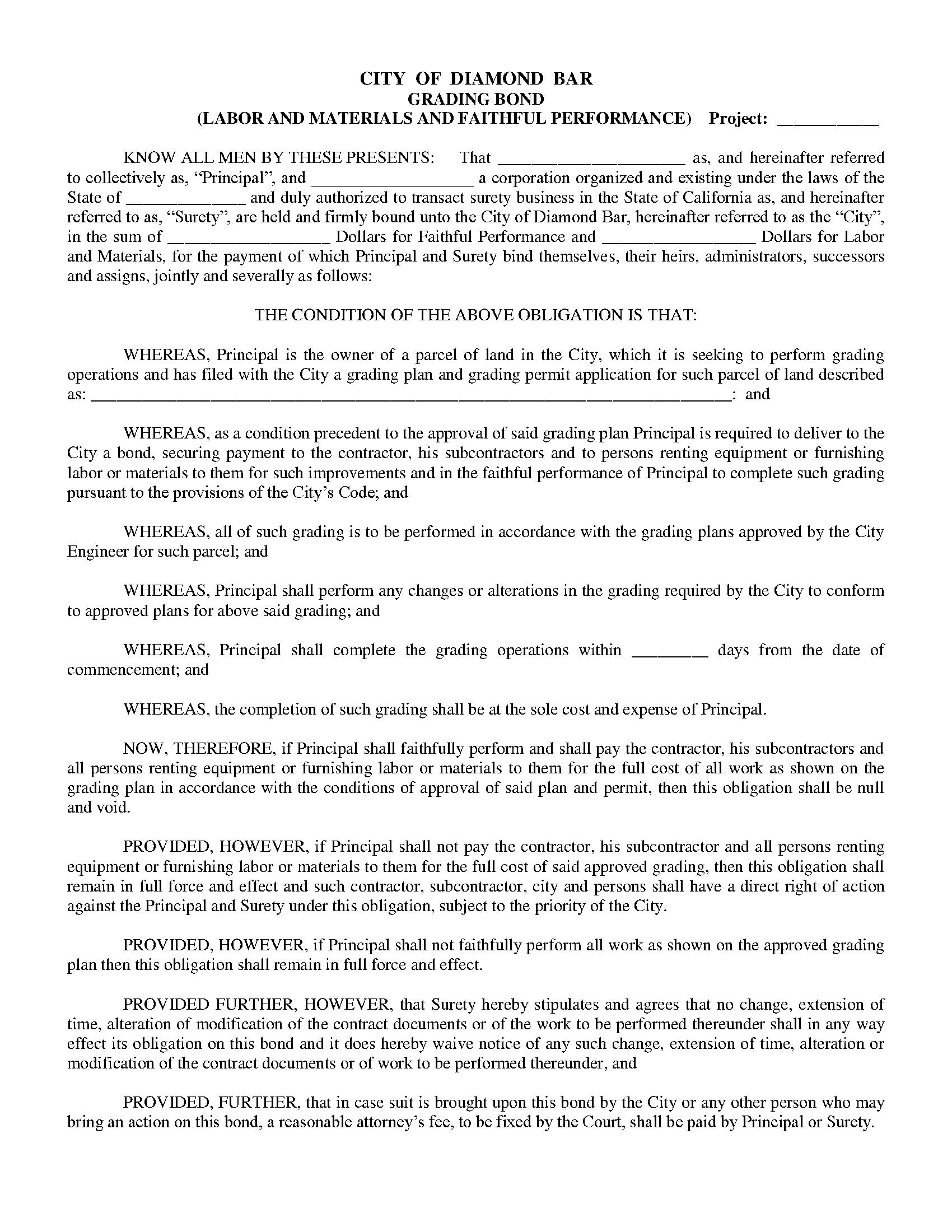 City of Diamond Bar Grading Permit Bond | EZ Surety Bonds