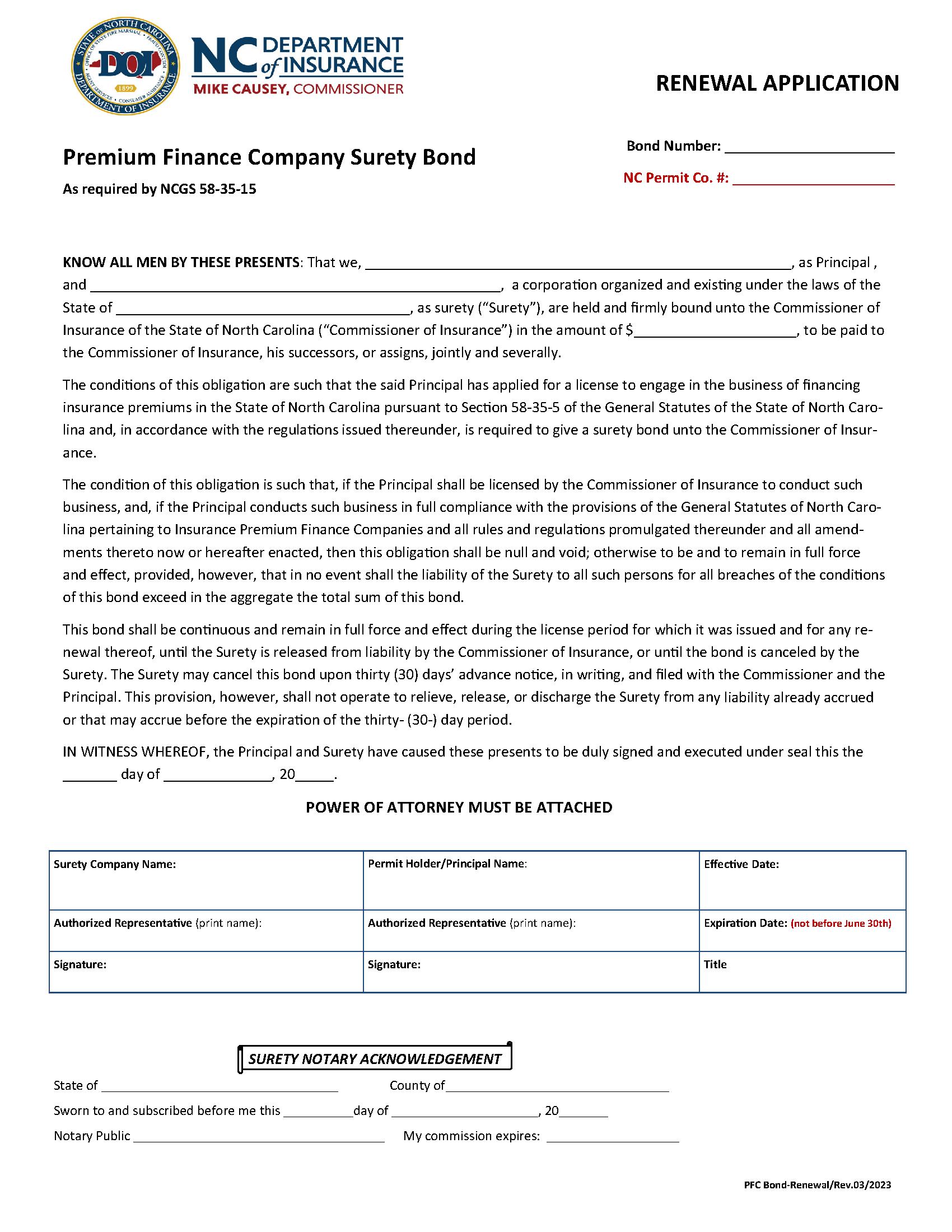 State of North Carolina Premium Finance Company - Renewal Bond | EZ ...