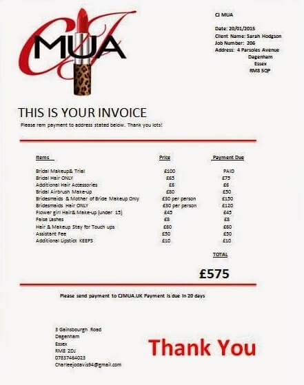 Free Makeup Artist Invoice Template Samples Examples Bonsai