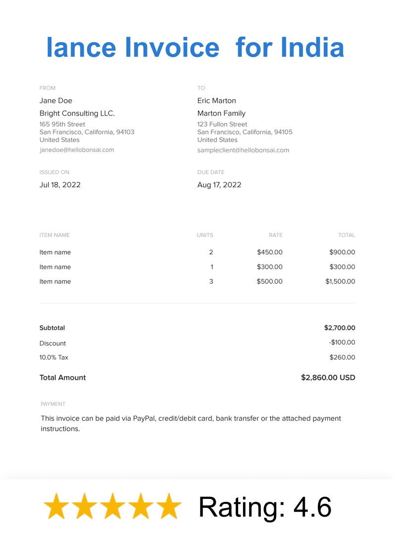 Free Freelance Invoice Template for India | Free Download - Bonsai