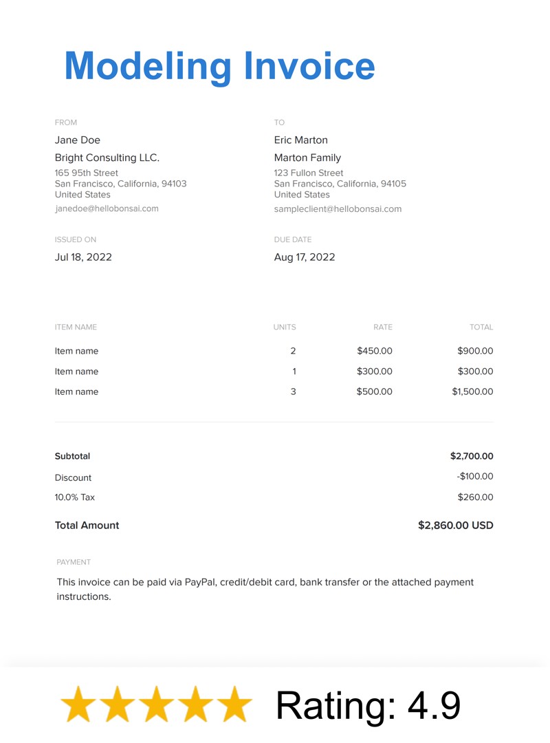 Free Modelling invoice template [Download] - Updated for 2023 - Bonsai