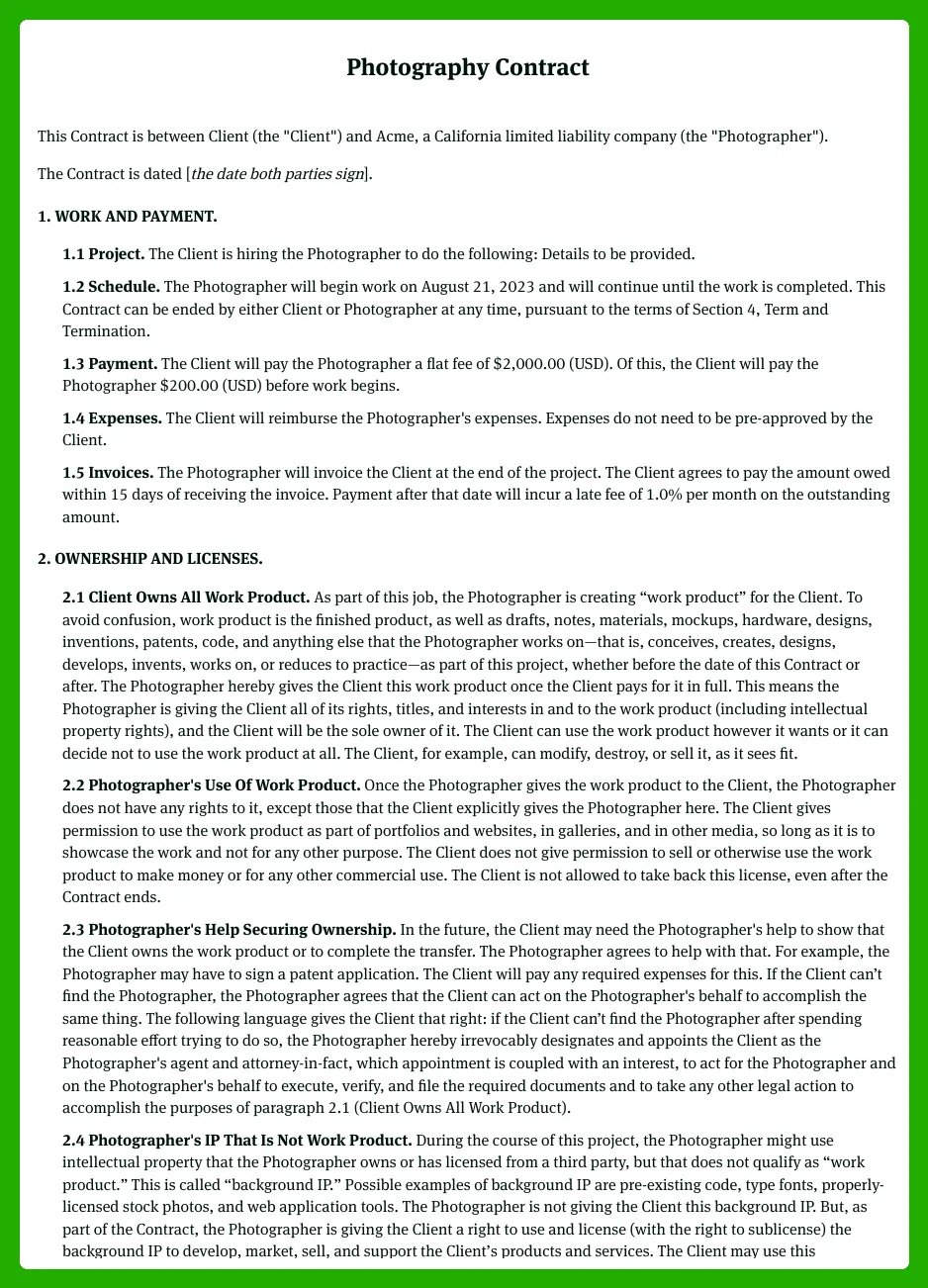 Free Photography Contract Template 2023 - Bonsai