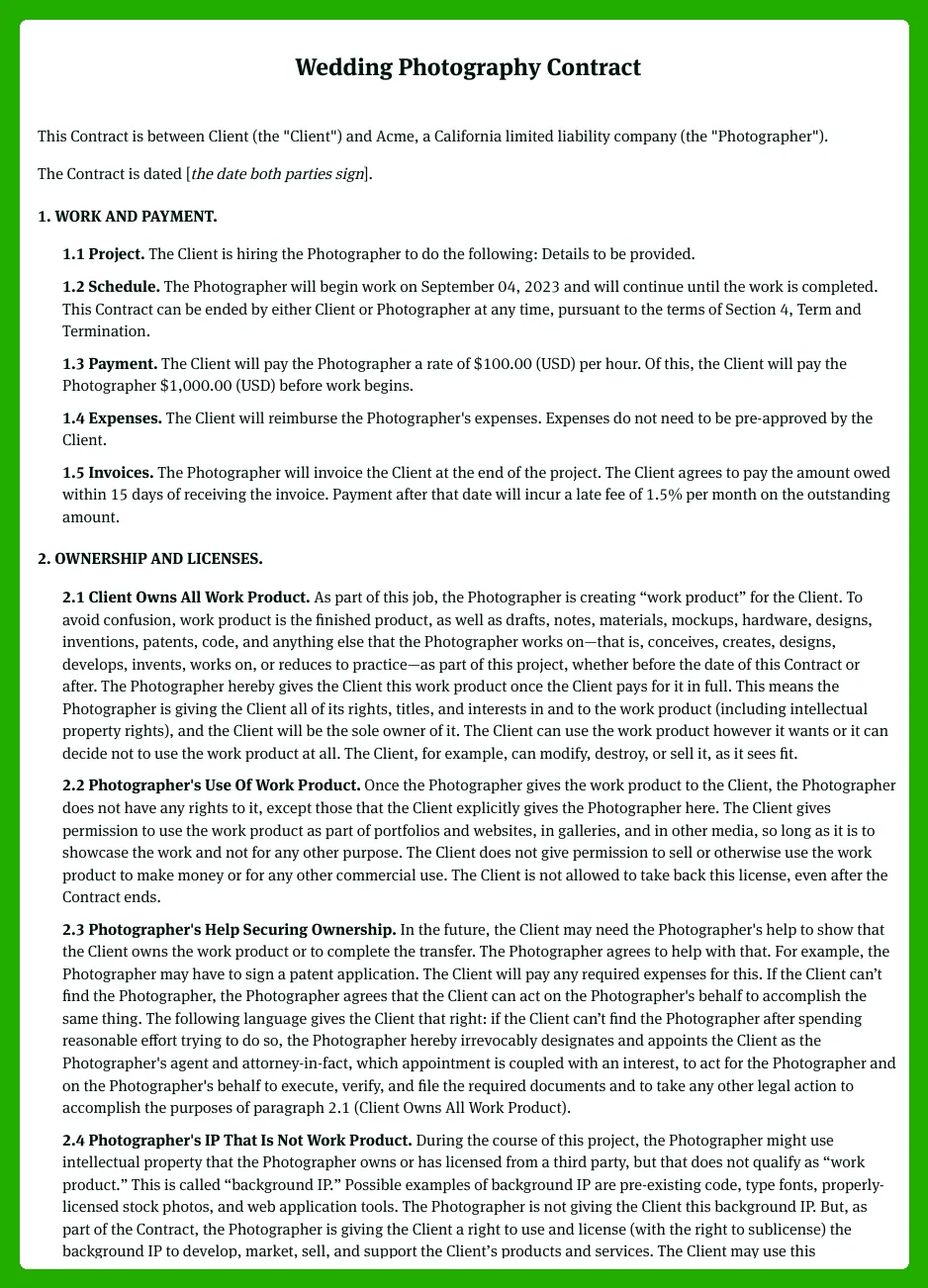 Wedding Photography Contract Template - Bonsai