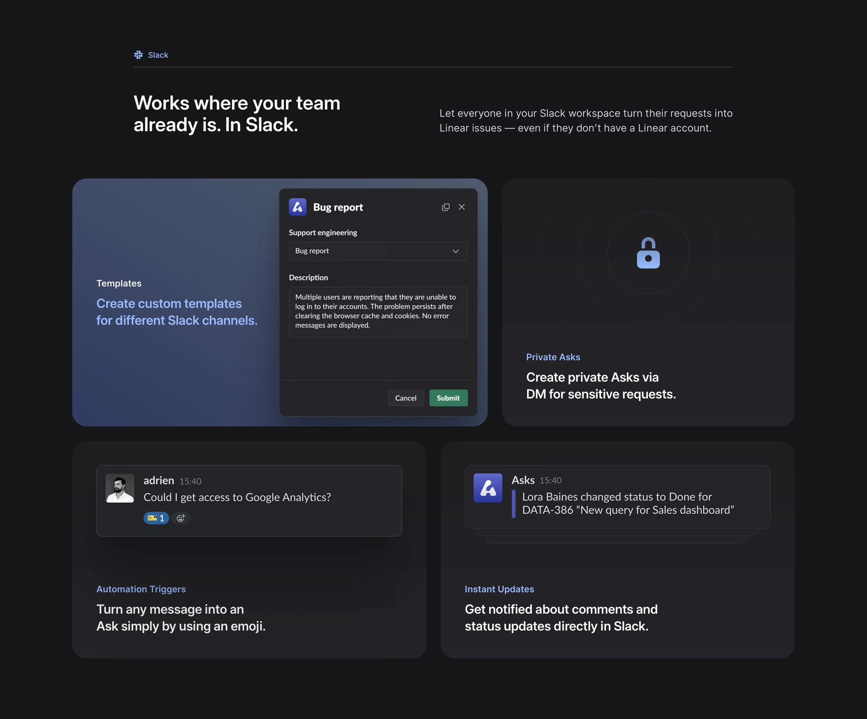 Linear Ask Page Section Slack Integration | Feature Section Design Design