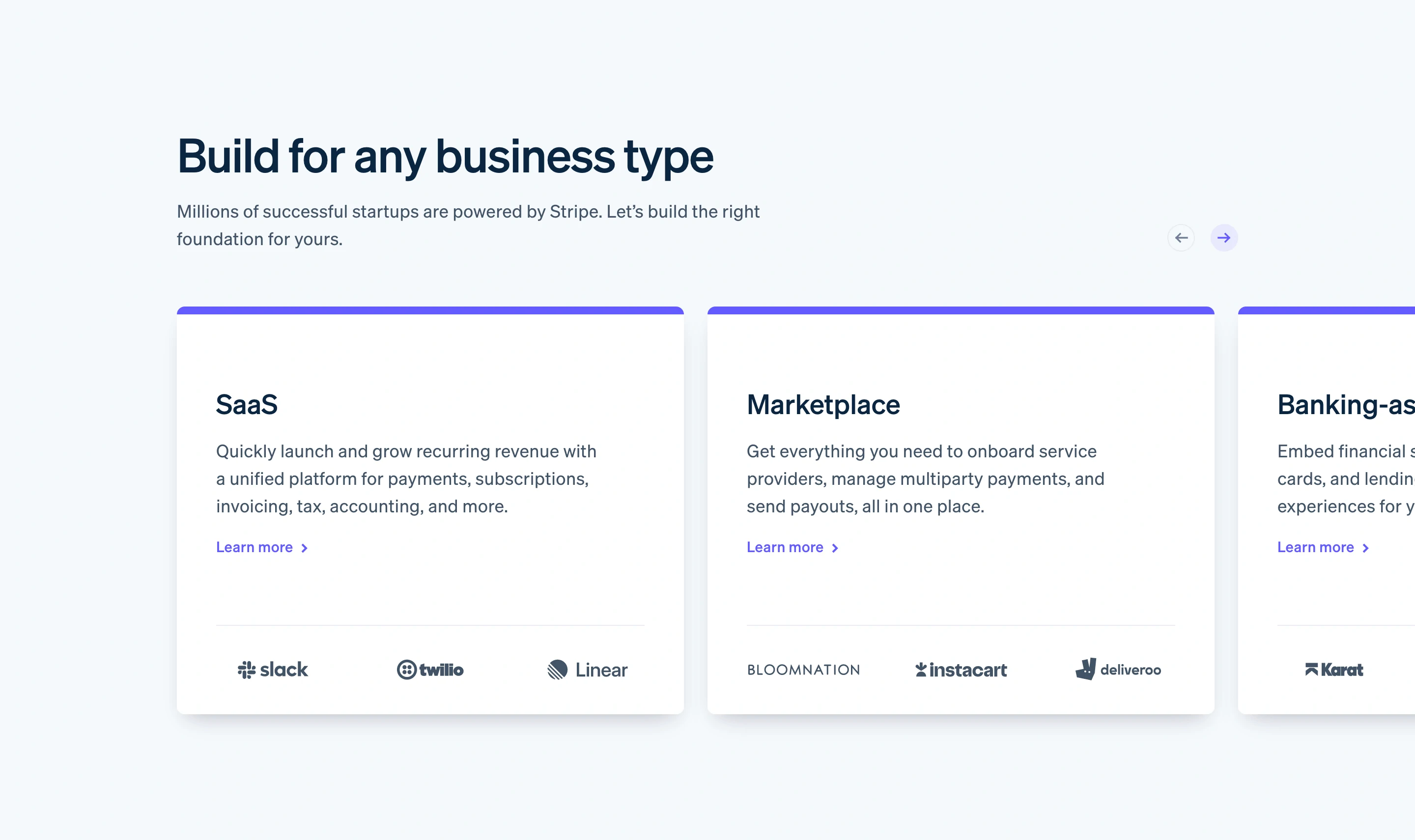 Stripe Startup Page Section Business Type | Feature Section Design Design
