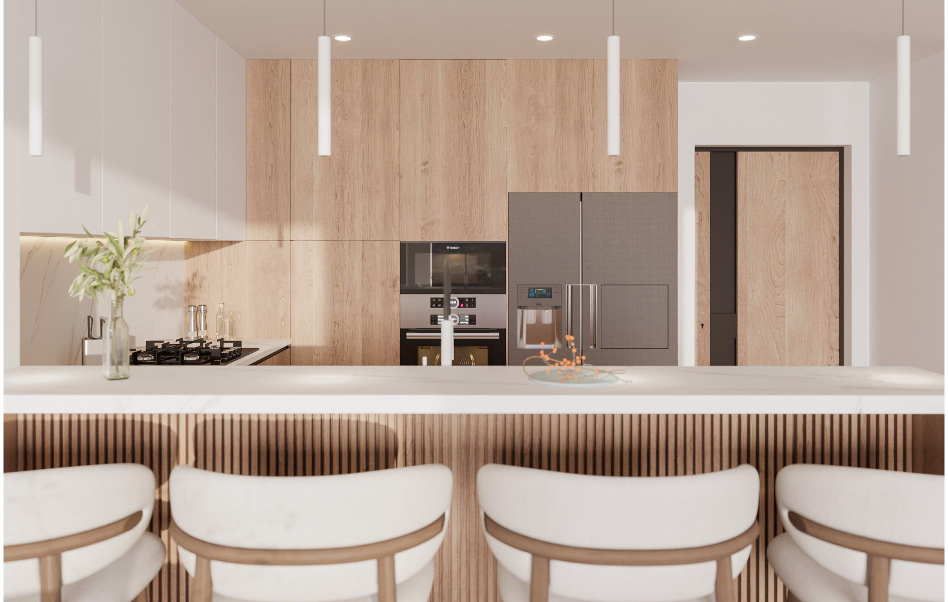 Loft Light Collection: Fluted Oak Island with White Slab Doors