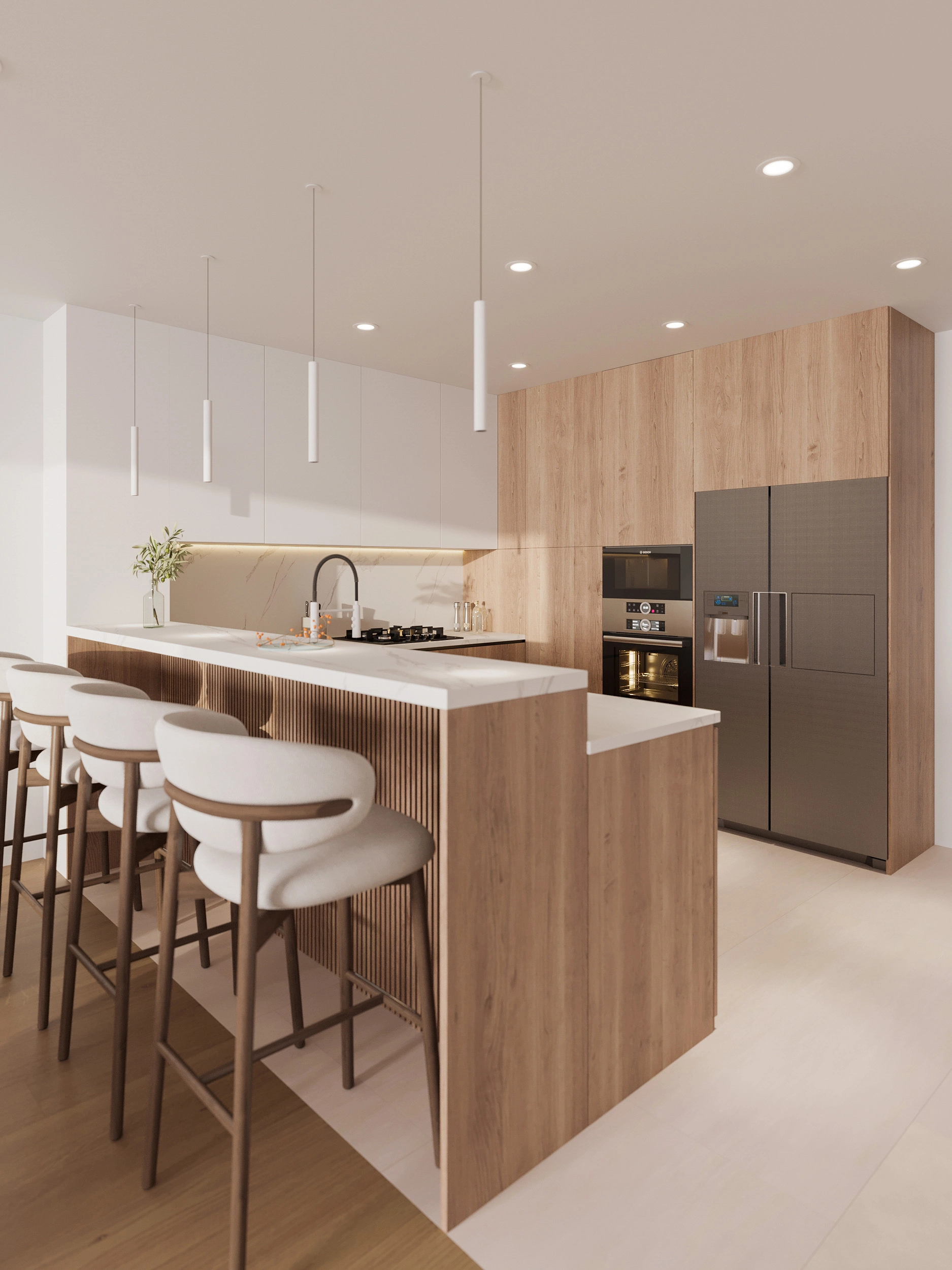 Loft Light Collection: Fluted Oak Island with White Slab Doors