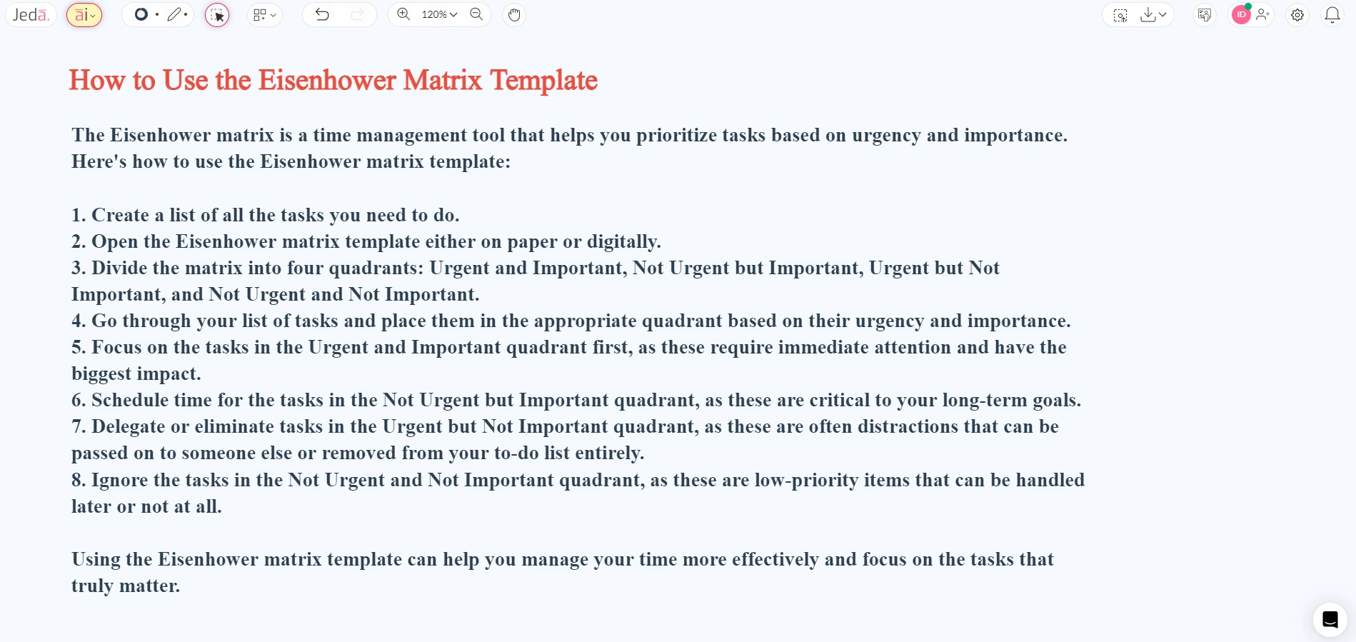 Generate Eisenhower Matrix with AI - Jeda.ai's Generative AI Workspace