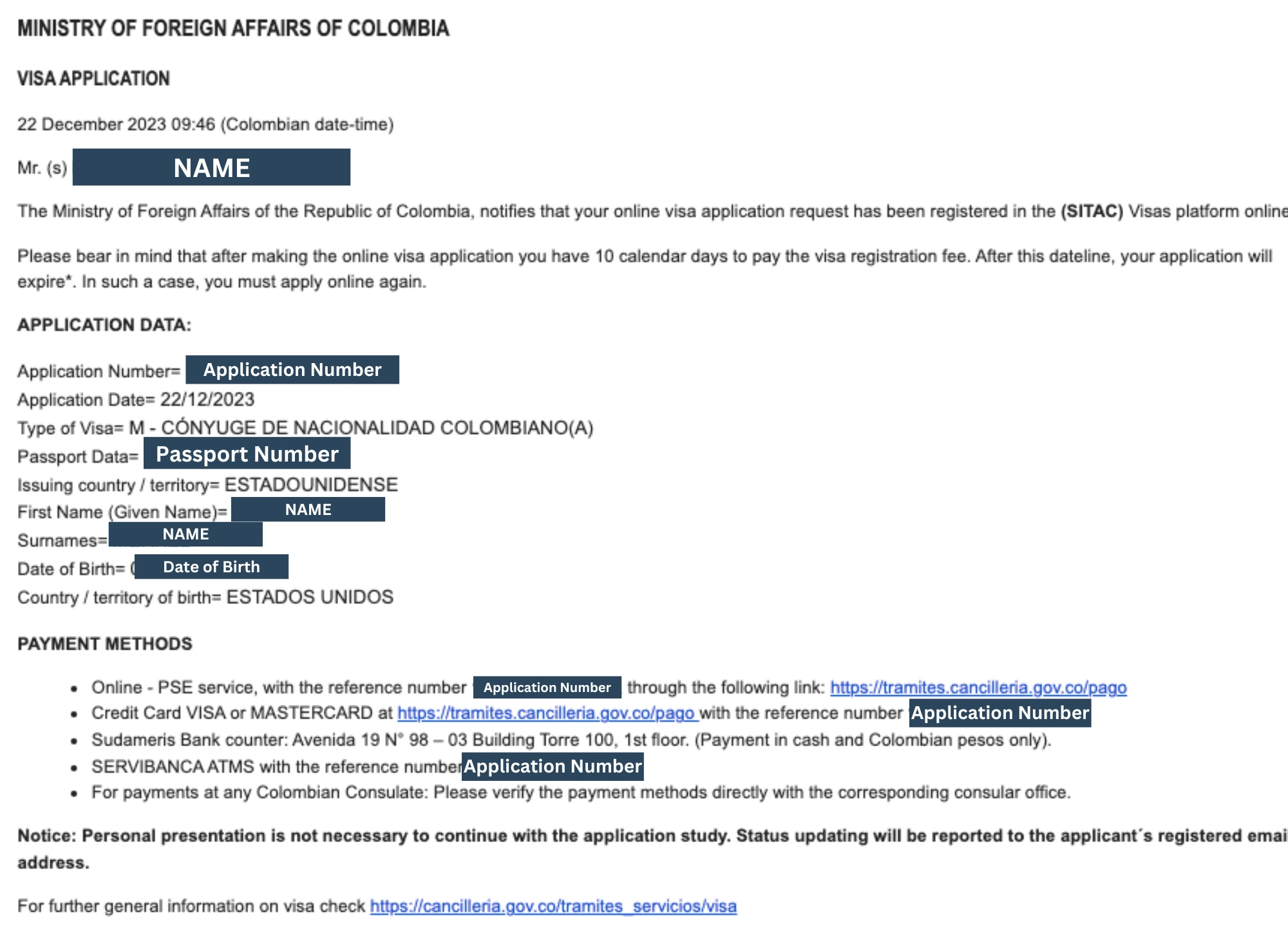 Colombia Visa Application Status