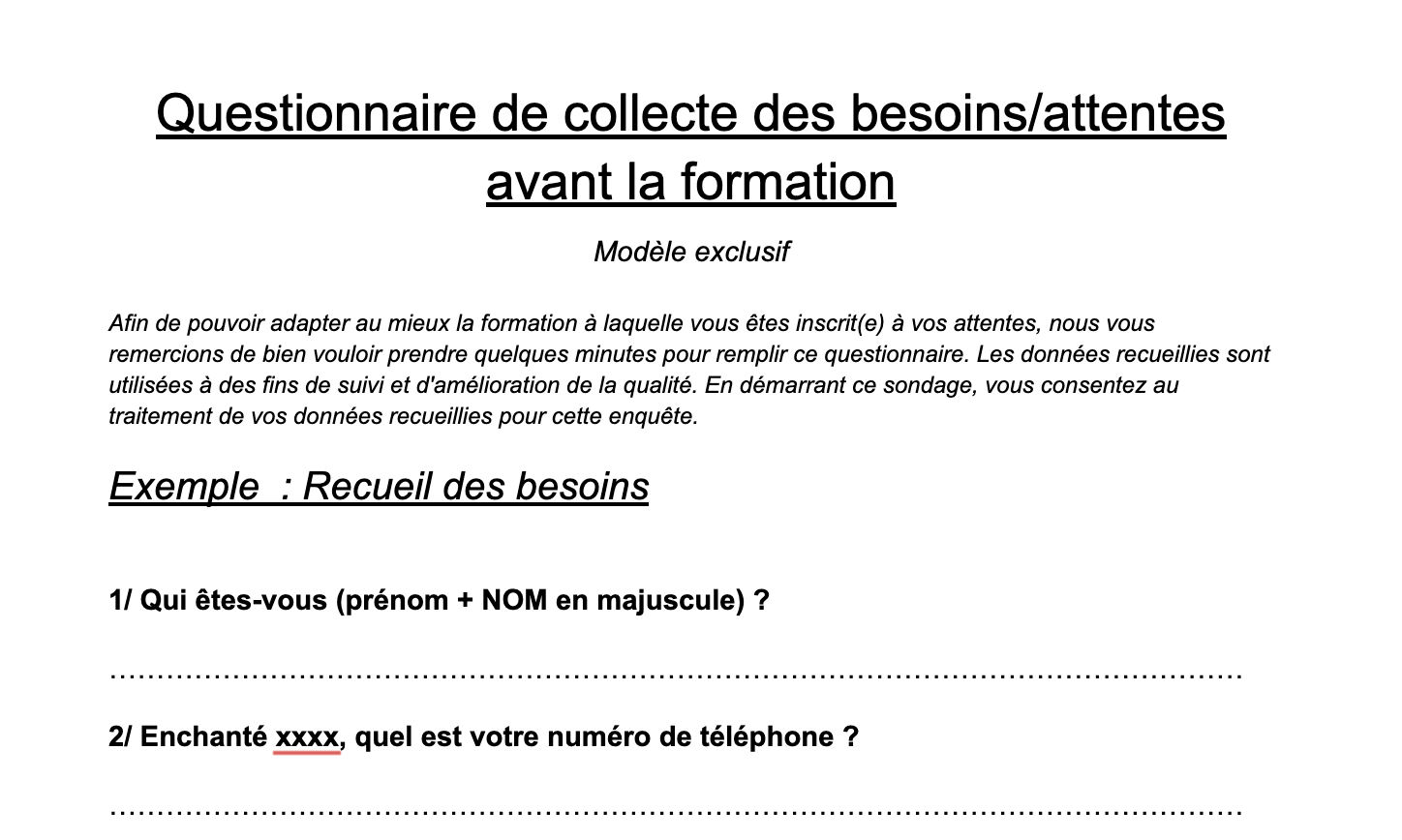 Modèle de questionnaire pré-formation de collecte des besoins à télécharger