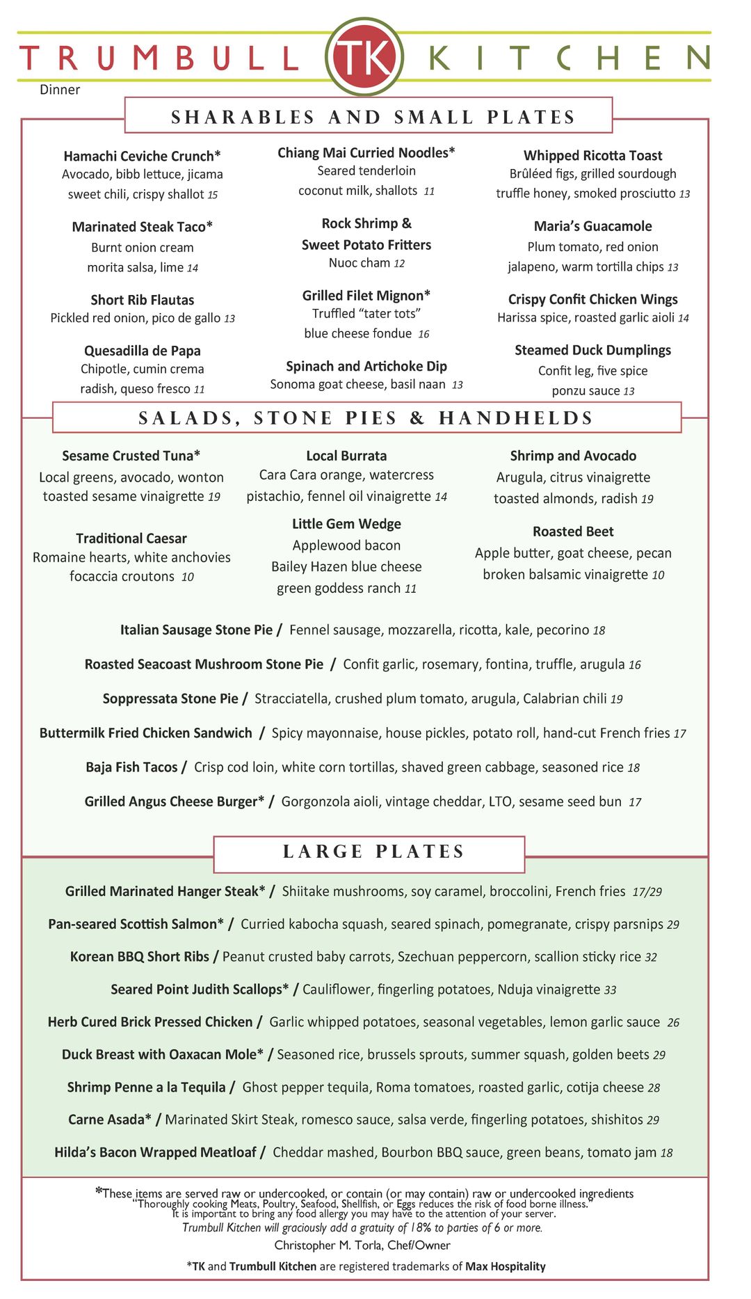Dinner Menu | Trumbull Kitchen | Max Hospitality