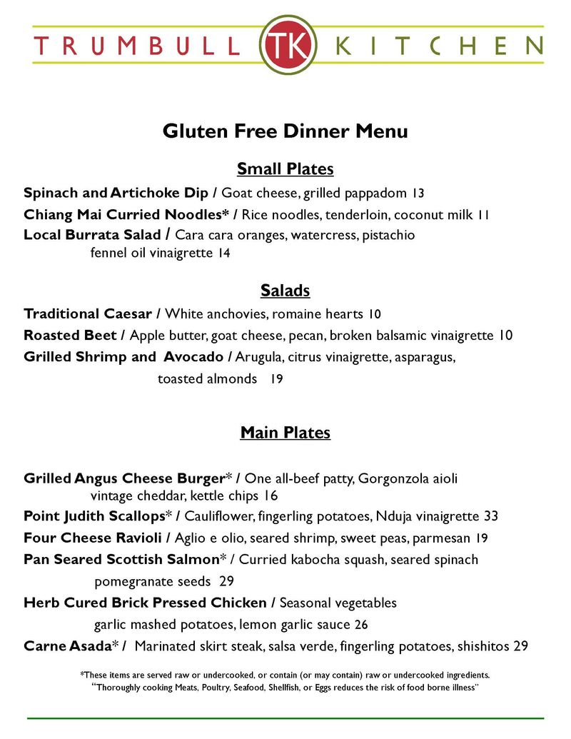 Gluten Free Dinner Menu | Trumbull Kitchen | Max Hospitality