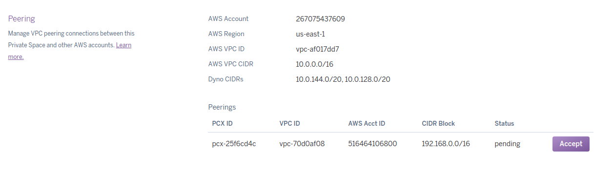 Heroku Private Spaces and VPC Peering