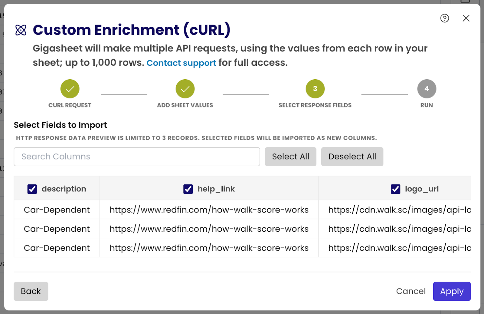 Use the Walk Score API to Enrich a List of Address in Gigasheet with their Walkability Score