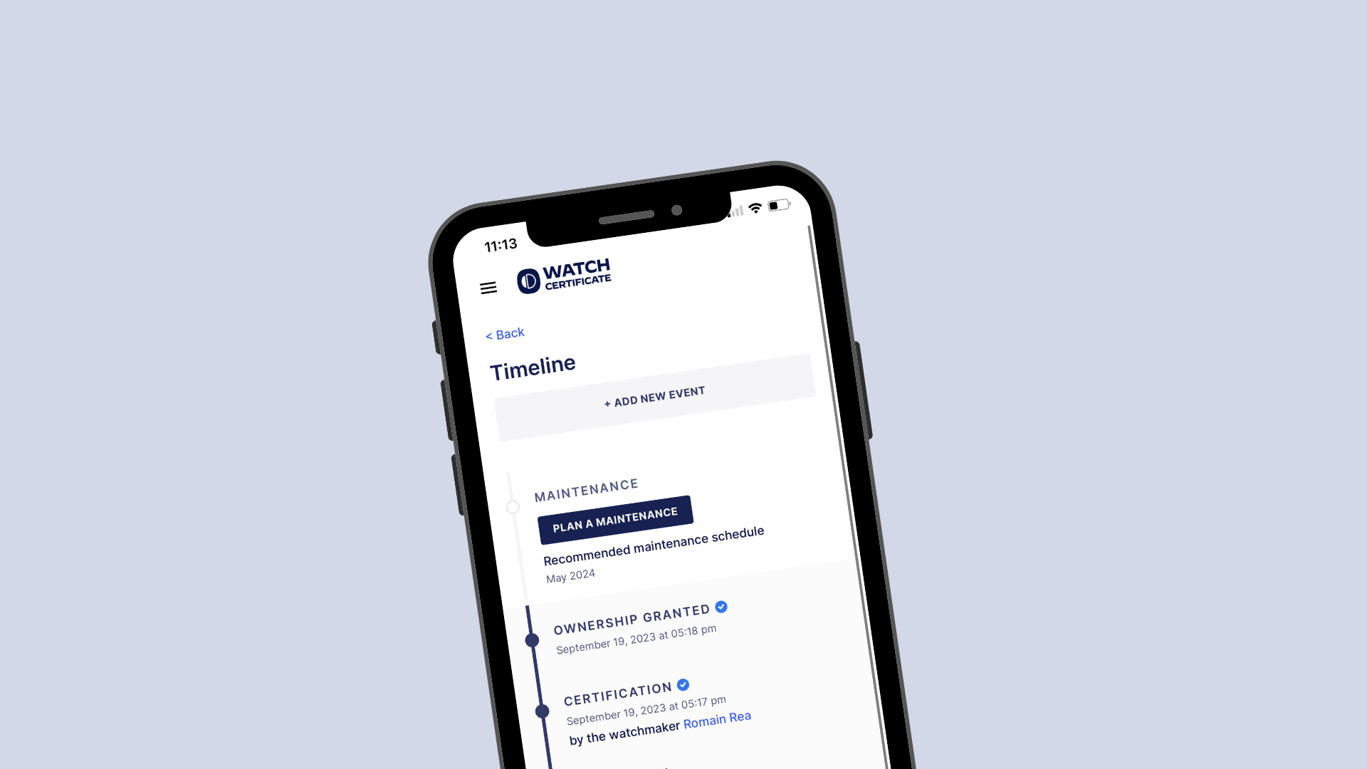 Nouvelle fonctionnalité Watch Certificate™ : la timeline