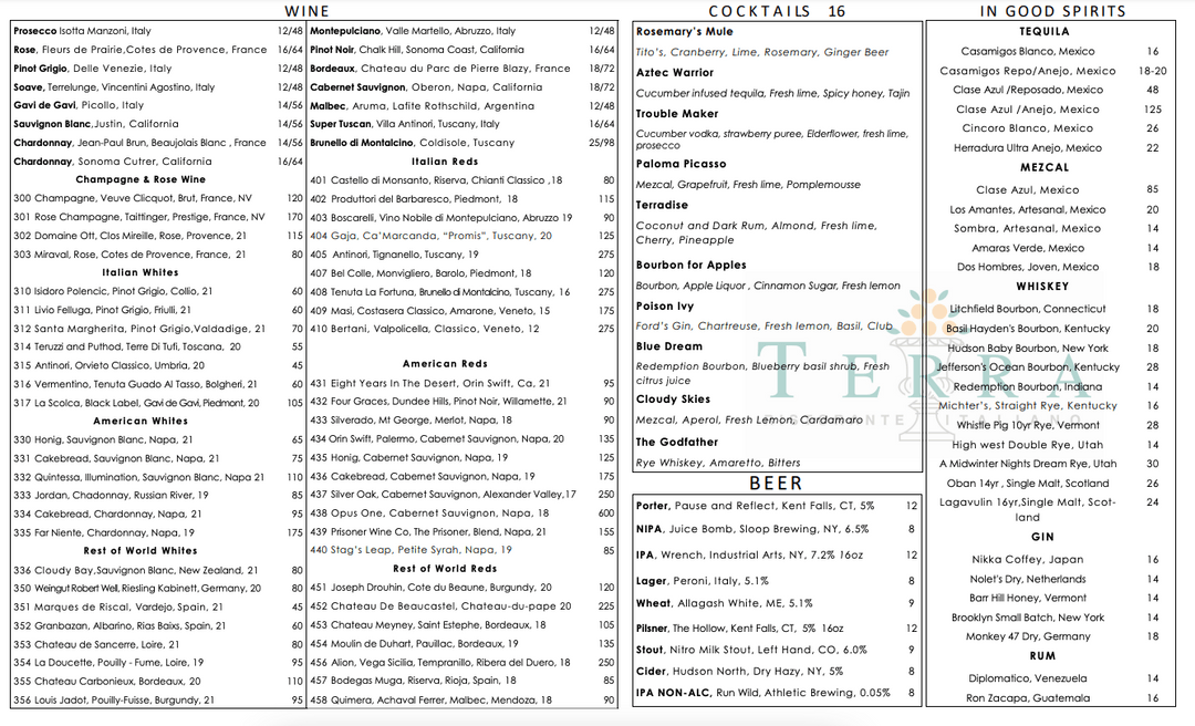 Terra Greenwich | Restaurant Menu