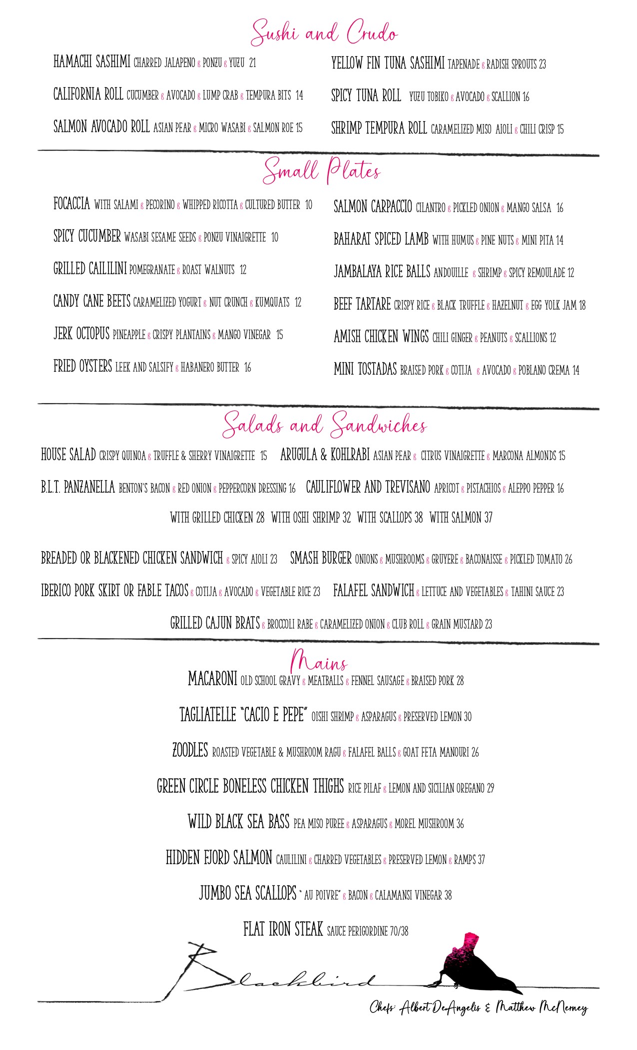 Blackbird, New Canaan | Restaurant Menu
