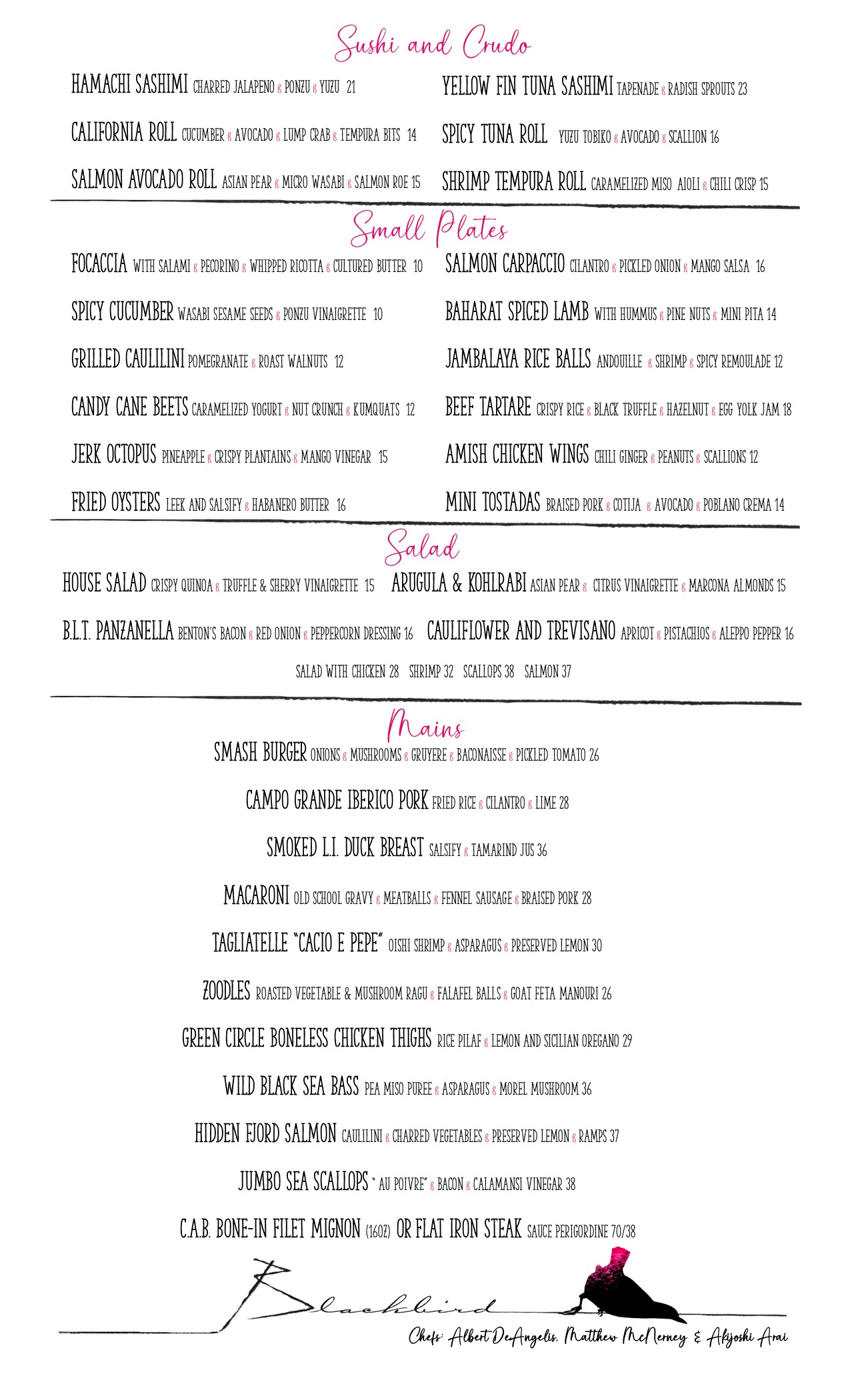 Blackbird, New Canaan | Restaurant Menu