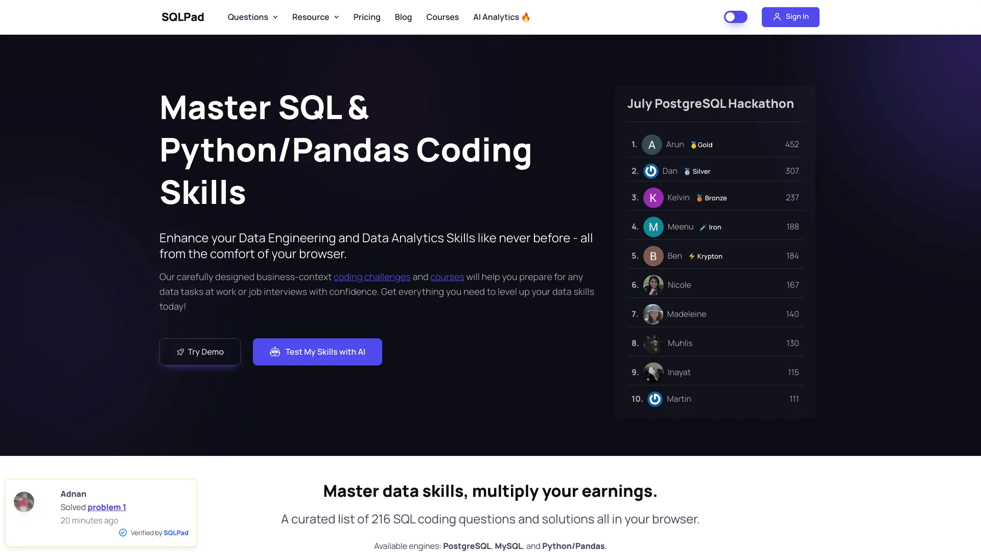 AI Coding Challenges And Courses - SQL Pad