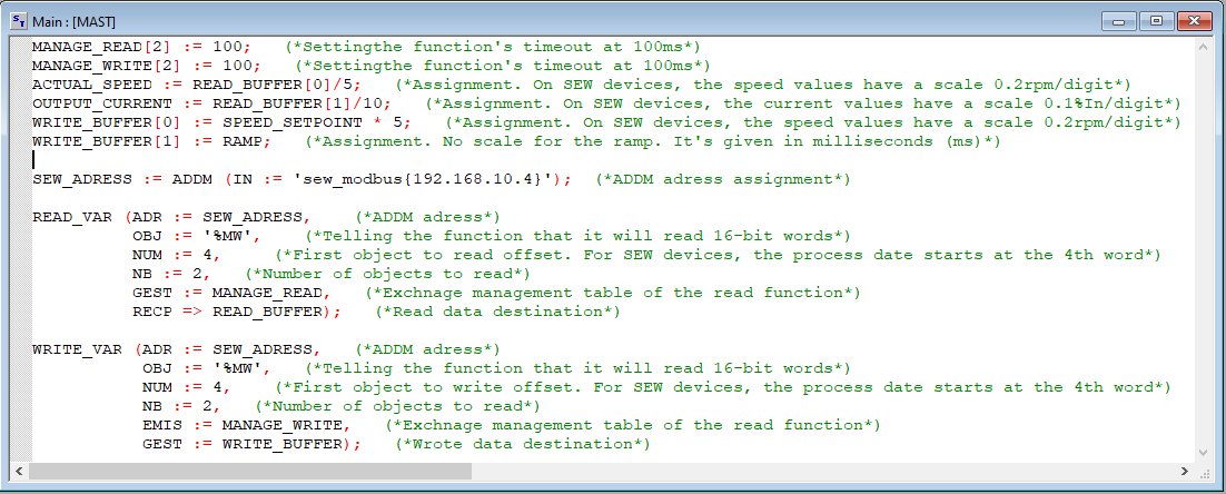 Programming a SEW VFD using Modbus TCP in Unity Pro